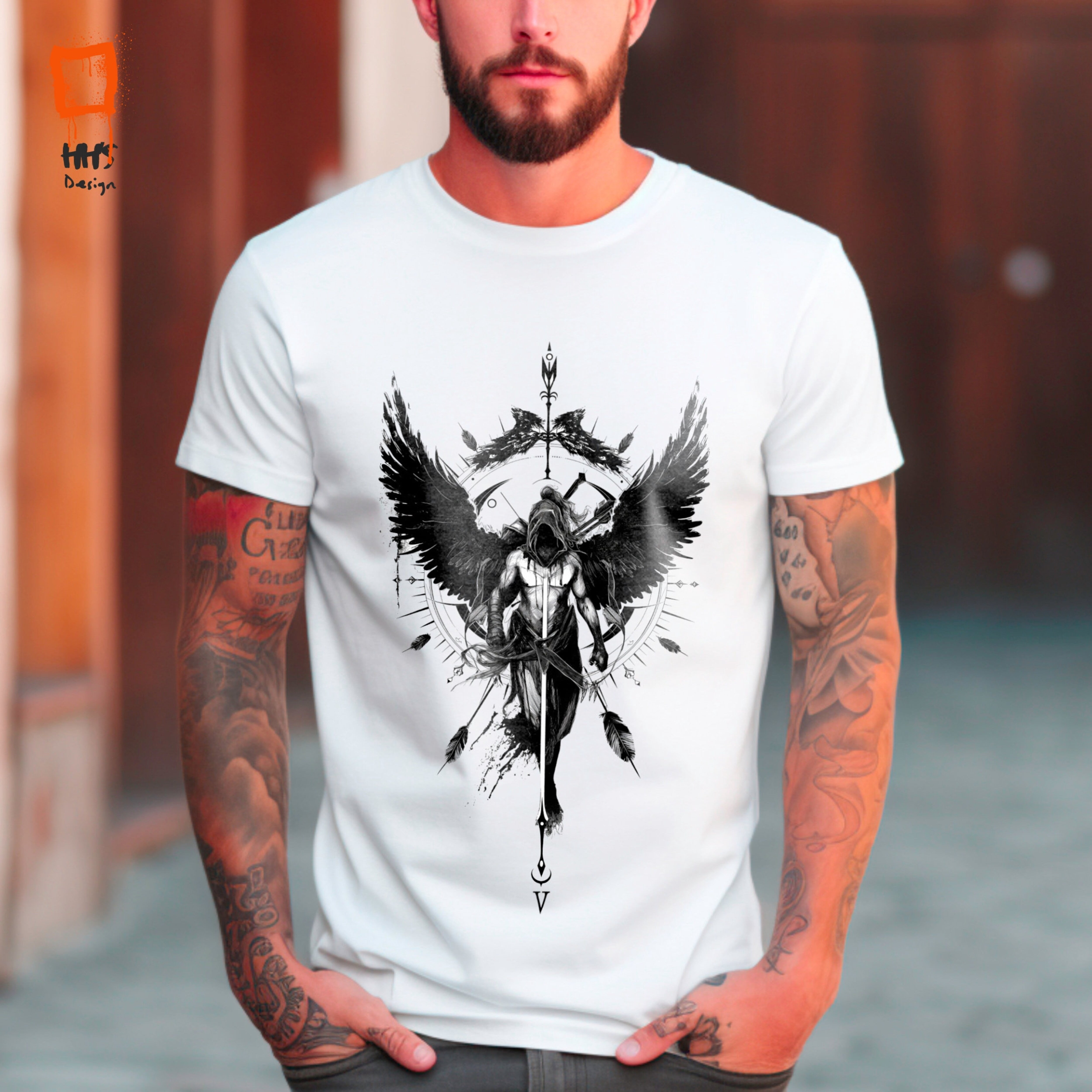 Avenging Angel T-Shirt, Warrior with Wings Tee, Monochrome Guardian Art ...