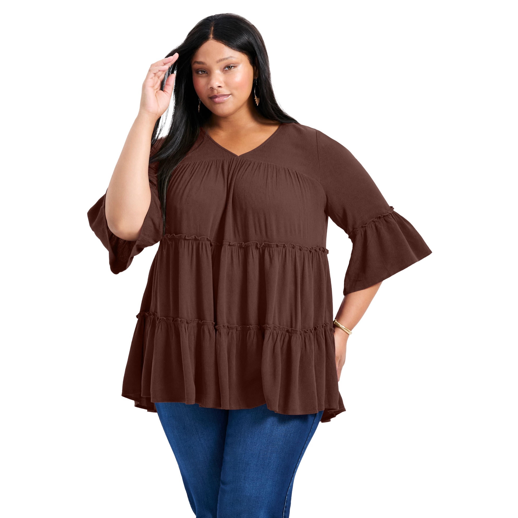 Avenue Women's Plus Size Amy Tiered Bell Sleeve Blouse - Walmart.com