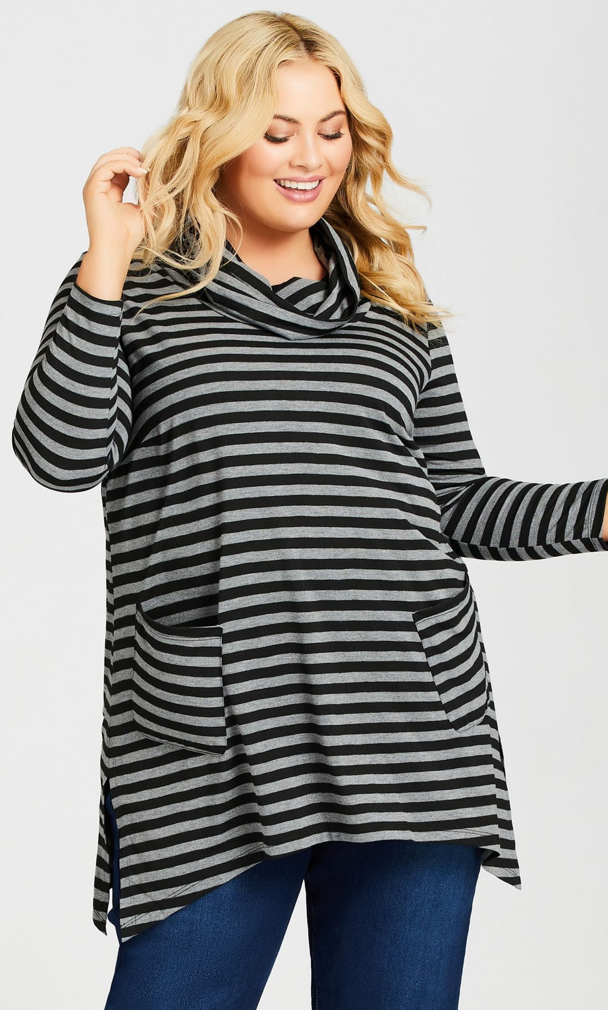 Avenue Women's Plus Size Ana Stripe Cowl Neck Long Sleeve Tunic Top ...