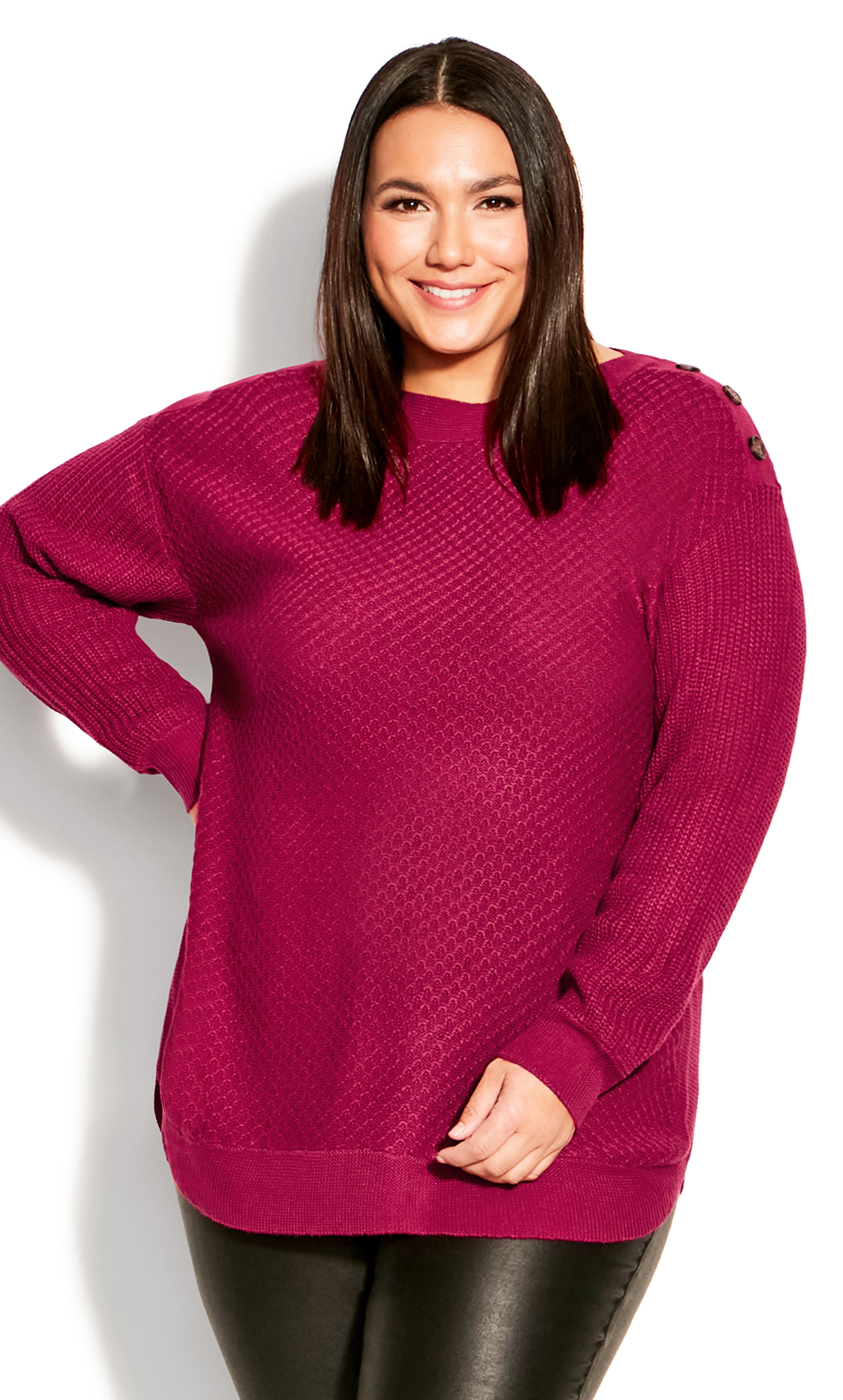 Avenue Women's Plus Size Birdseye Relaxed Fit Button Sweater - Sangria ...