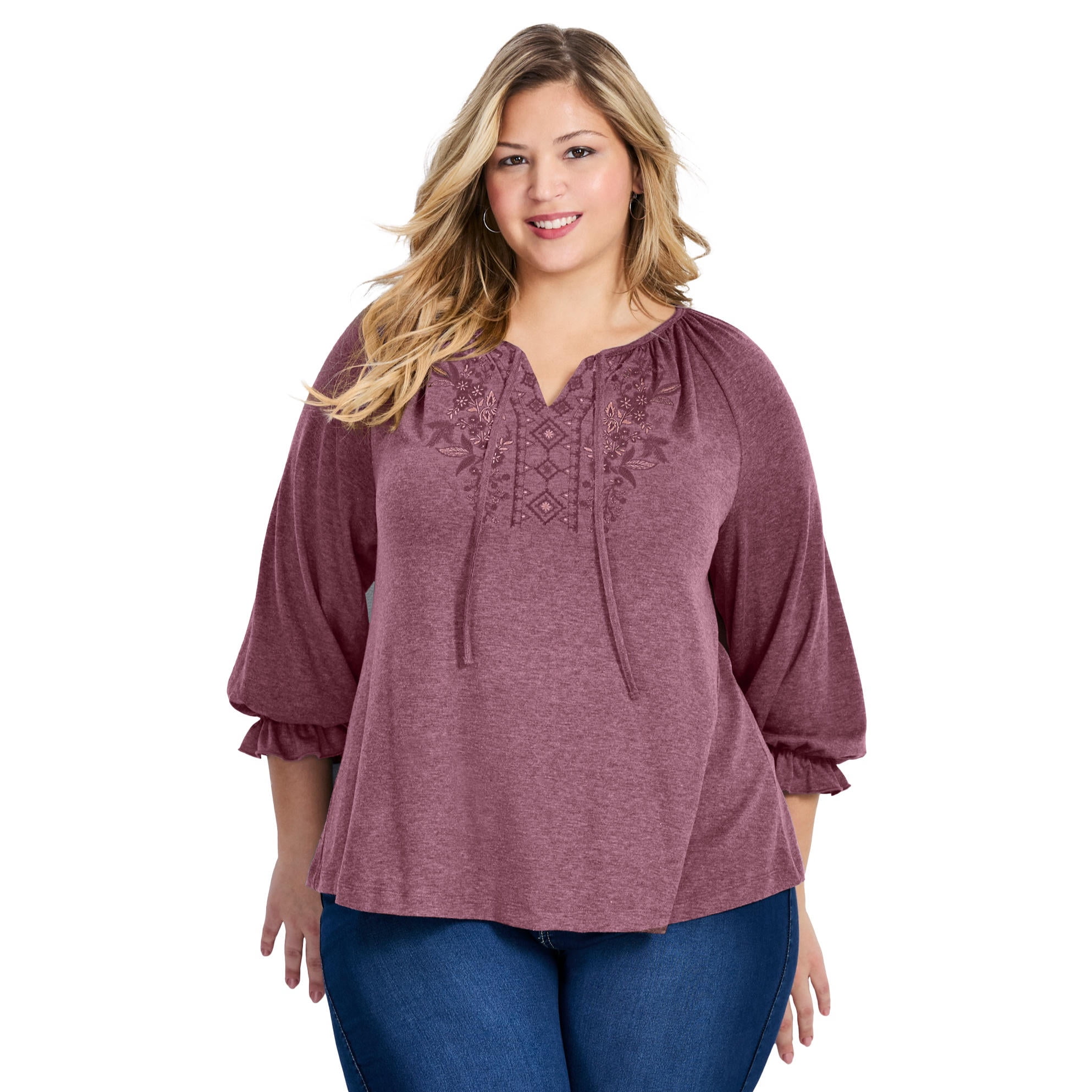 Avenue Women's Plus Size Brie Emblem Neckline 3/4 Sleeve Top - Walmart.com