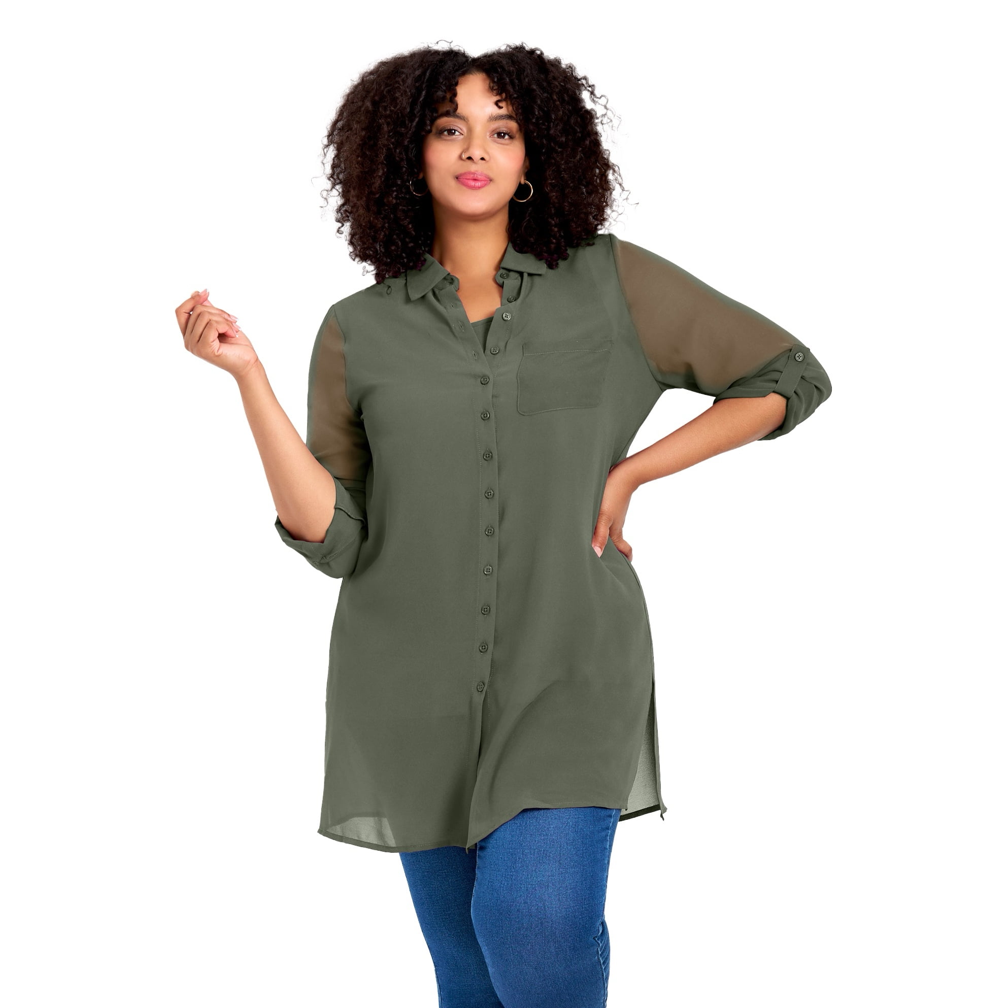 Avenue Women's Plus Size Convertible Button Down Tunic - Walmart.com