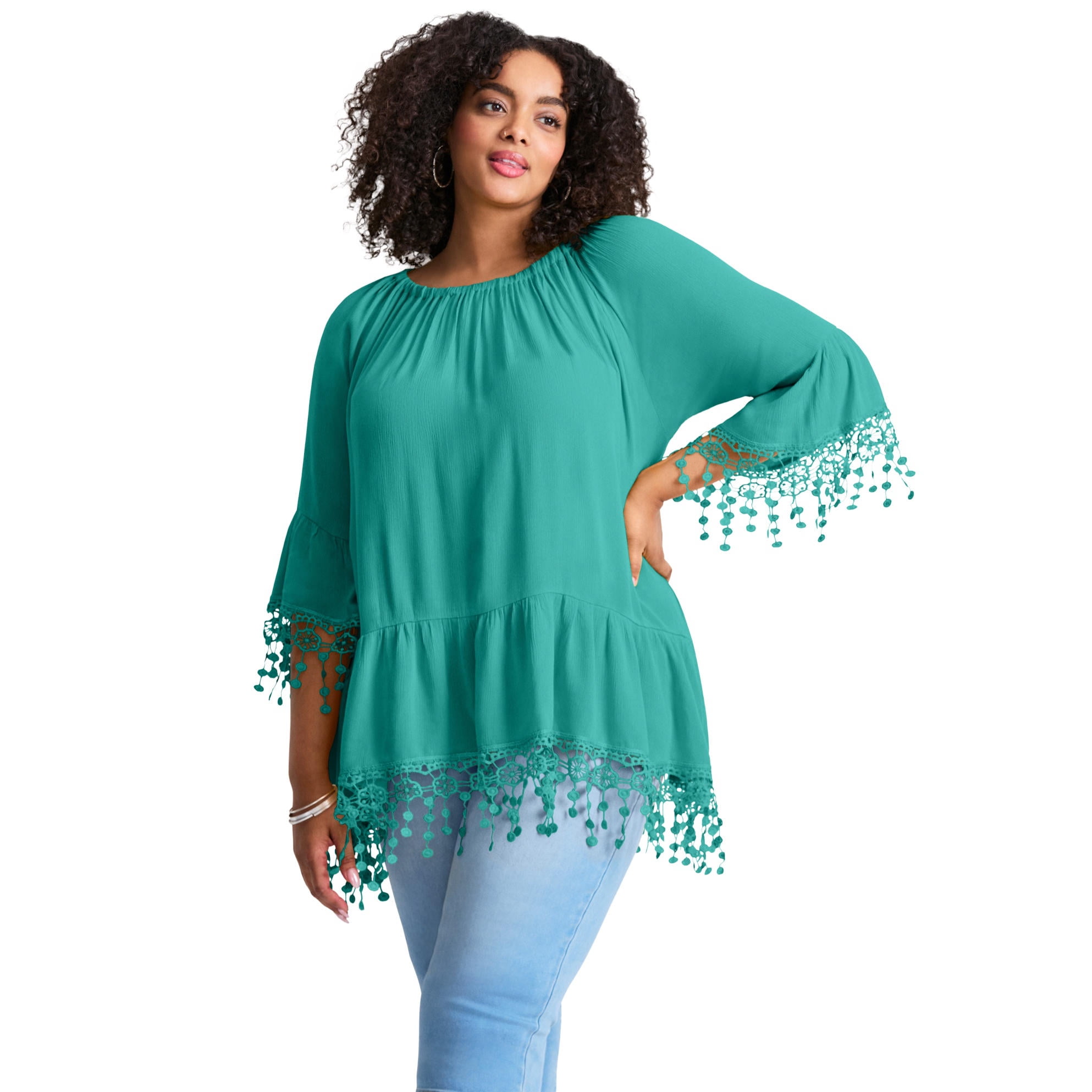 Avenue Women's Plus Size Crochet Fringe Trim Tunic - Walmart.com