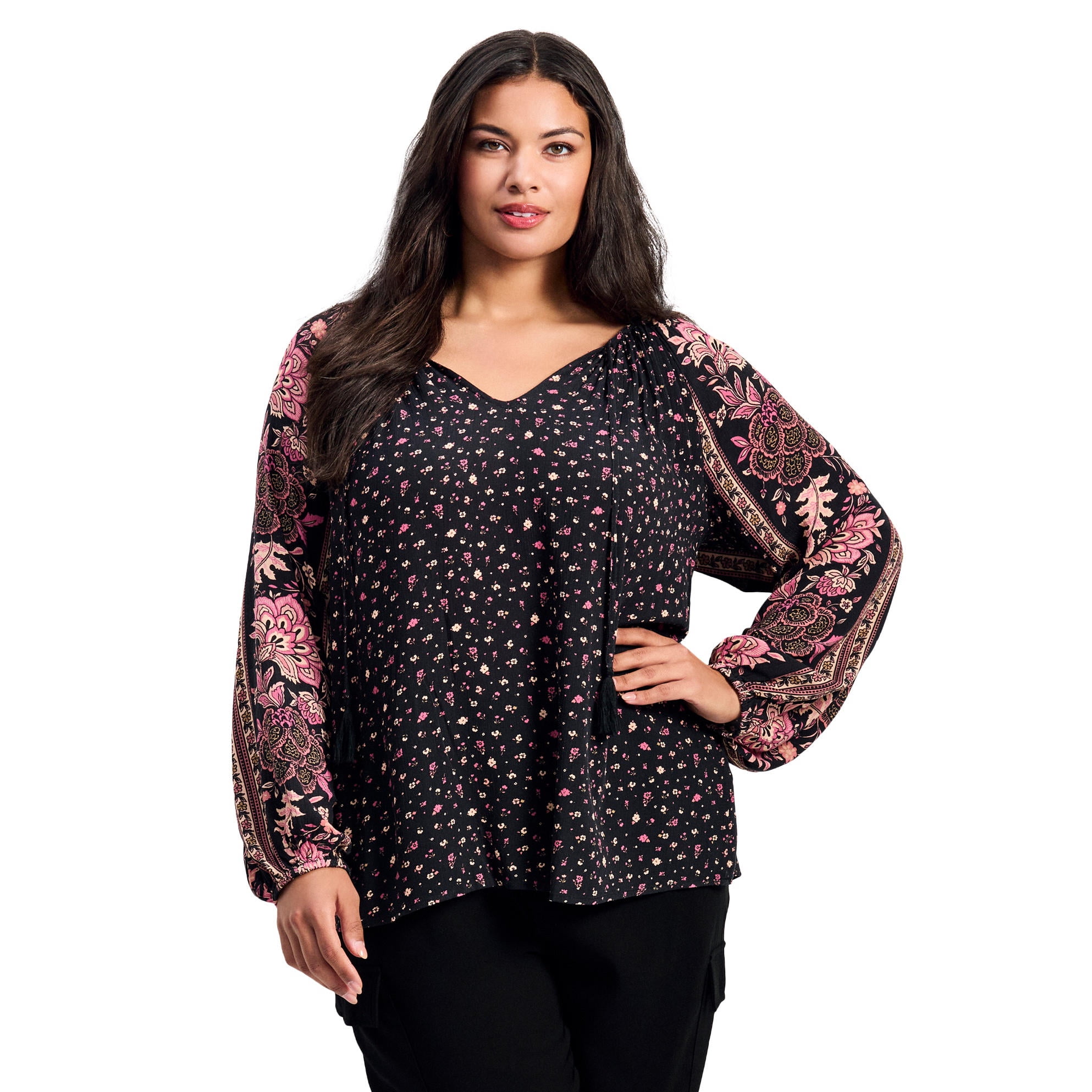 Avenue Women's Plus Size Eliana Border Print Sleeve Peasant Top ...