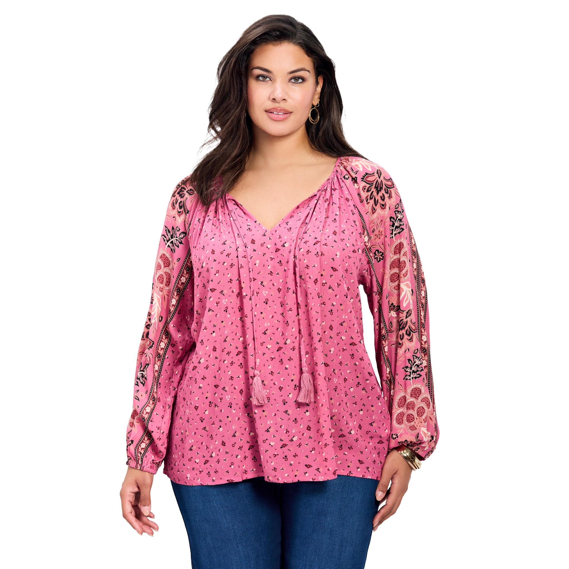 Avenue Women's Plus Size Eliana Border Print Sleeve Peasant Top ...