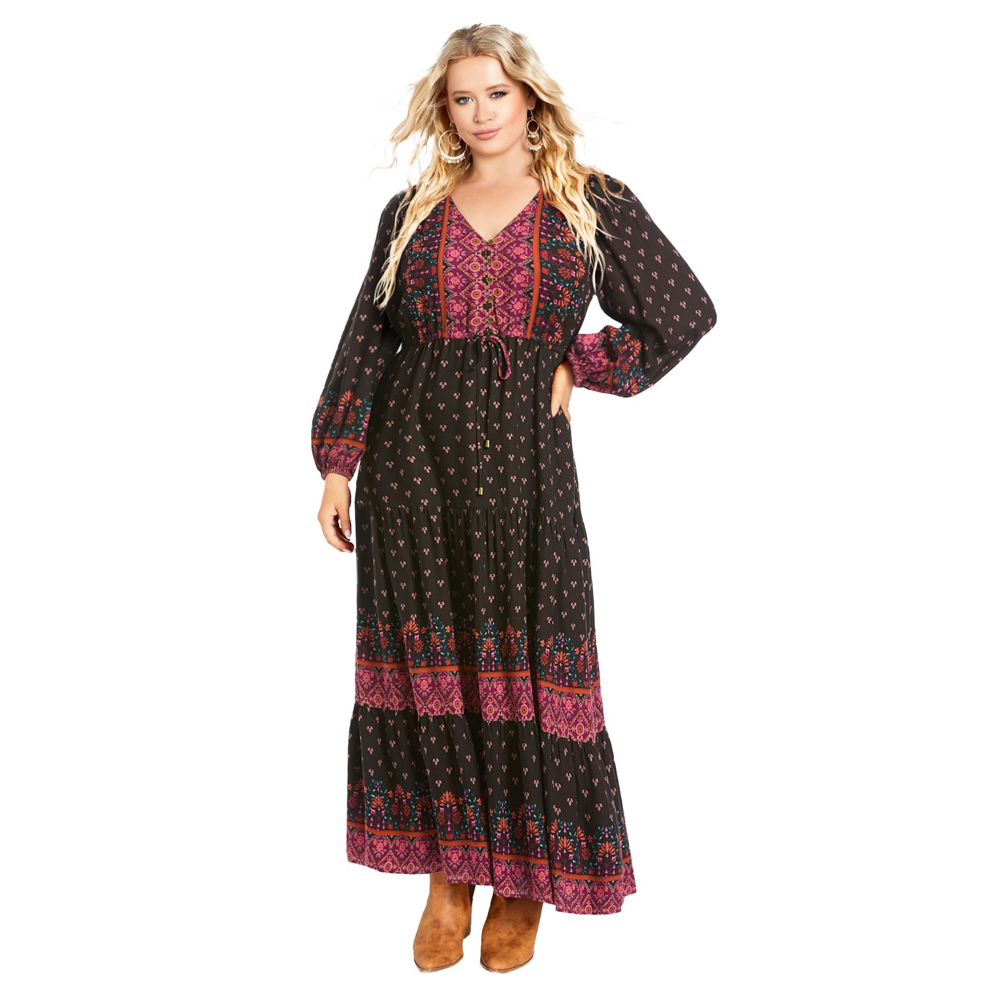 Avenue Women's Plus Size Ellery Placement Print Tiered Maxi Dress ...