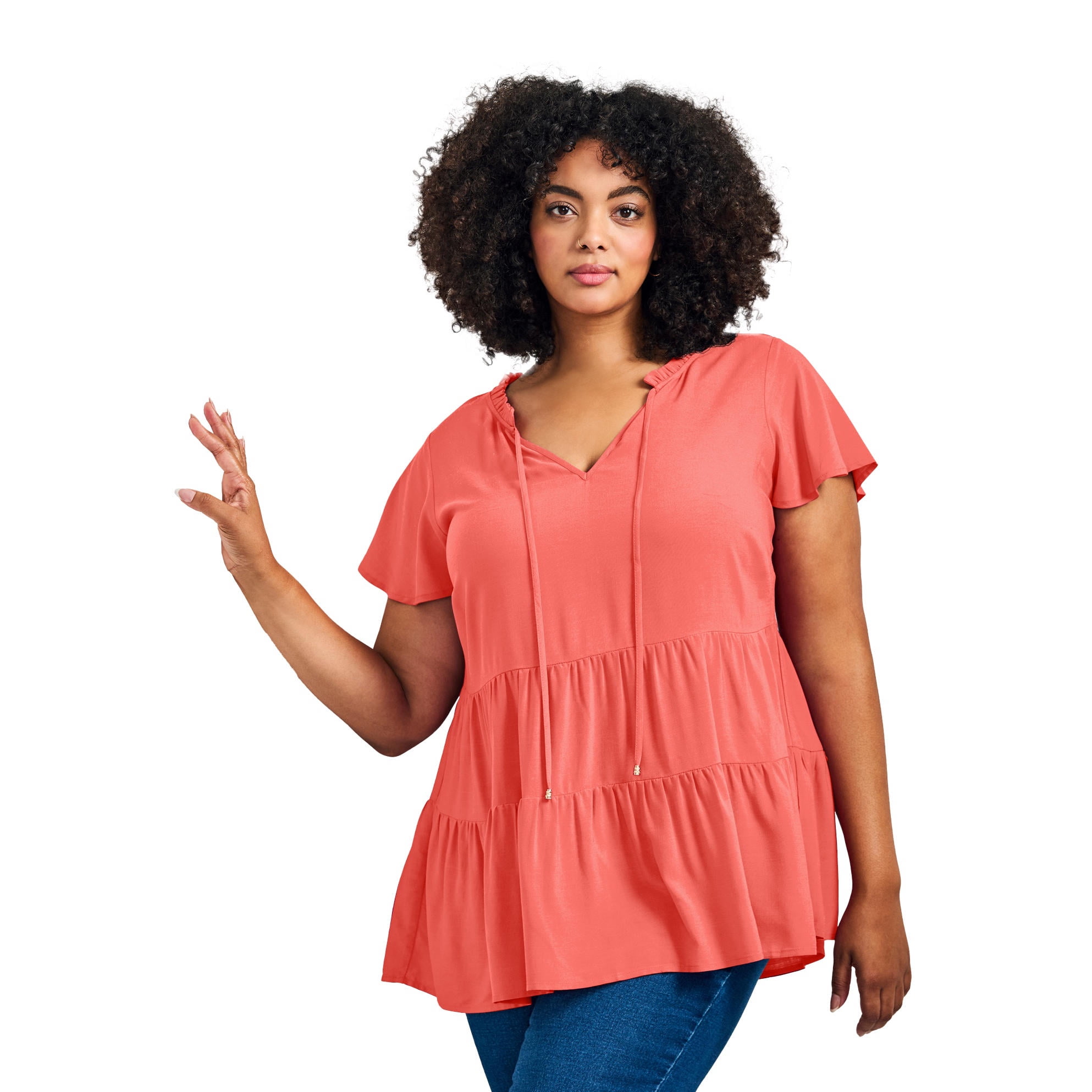 Avenue Women's Plus Size Lani Flutter Sleeve Tiered Top - Walmart.com