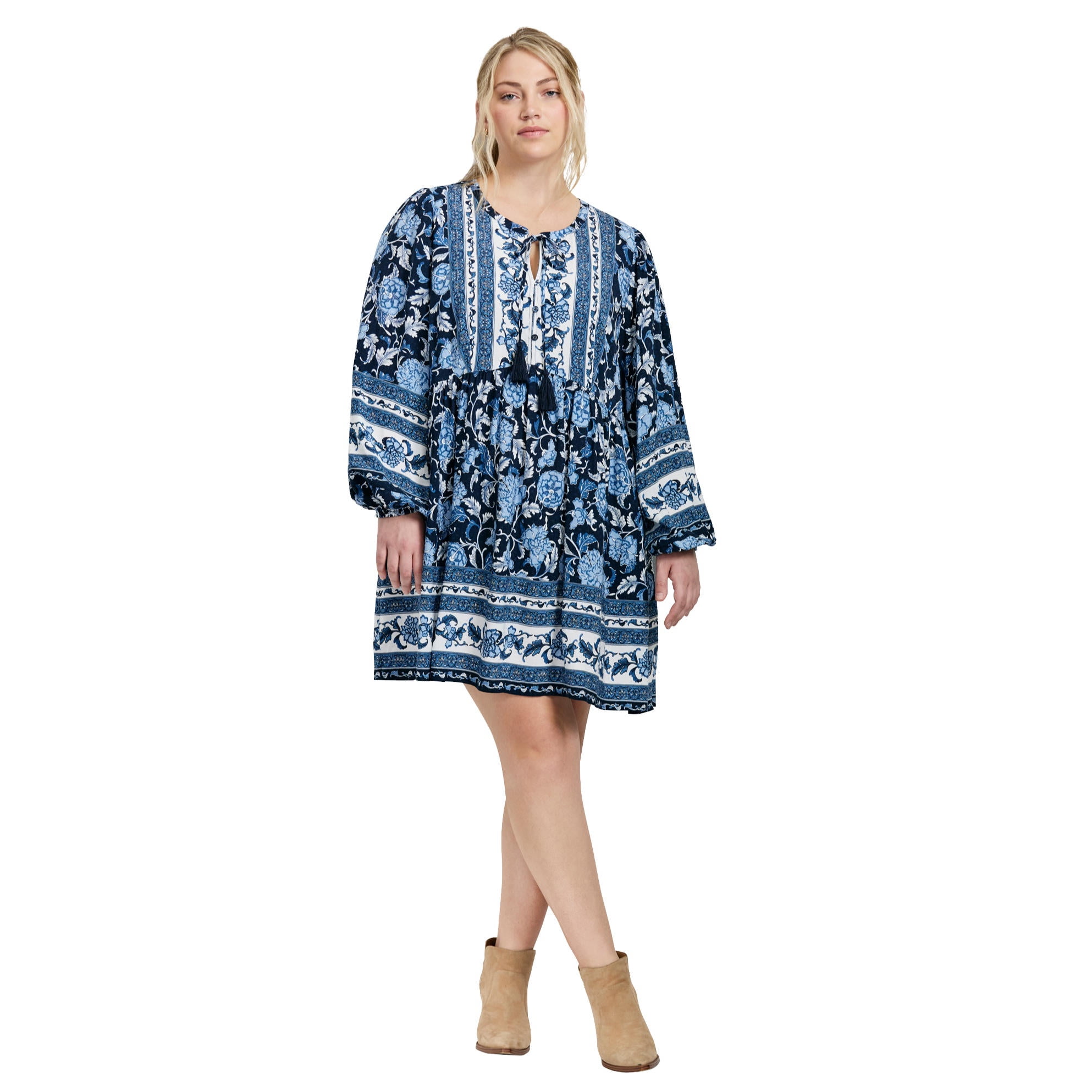 Avenue Women's Plus Size Livvy Boho Border Print Mini Dress - Walmart ...
