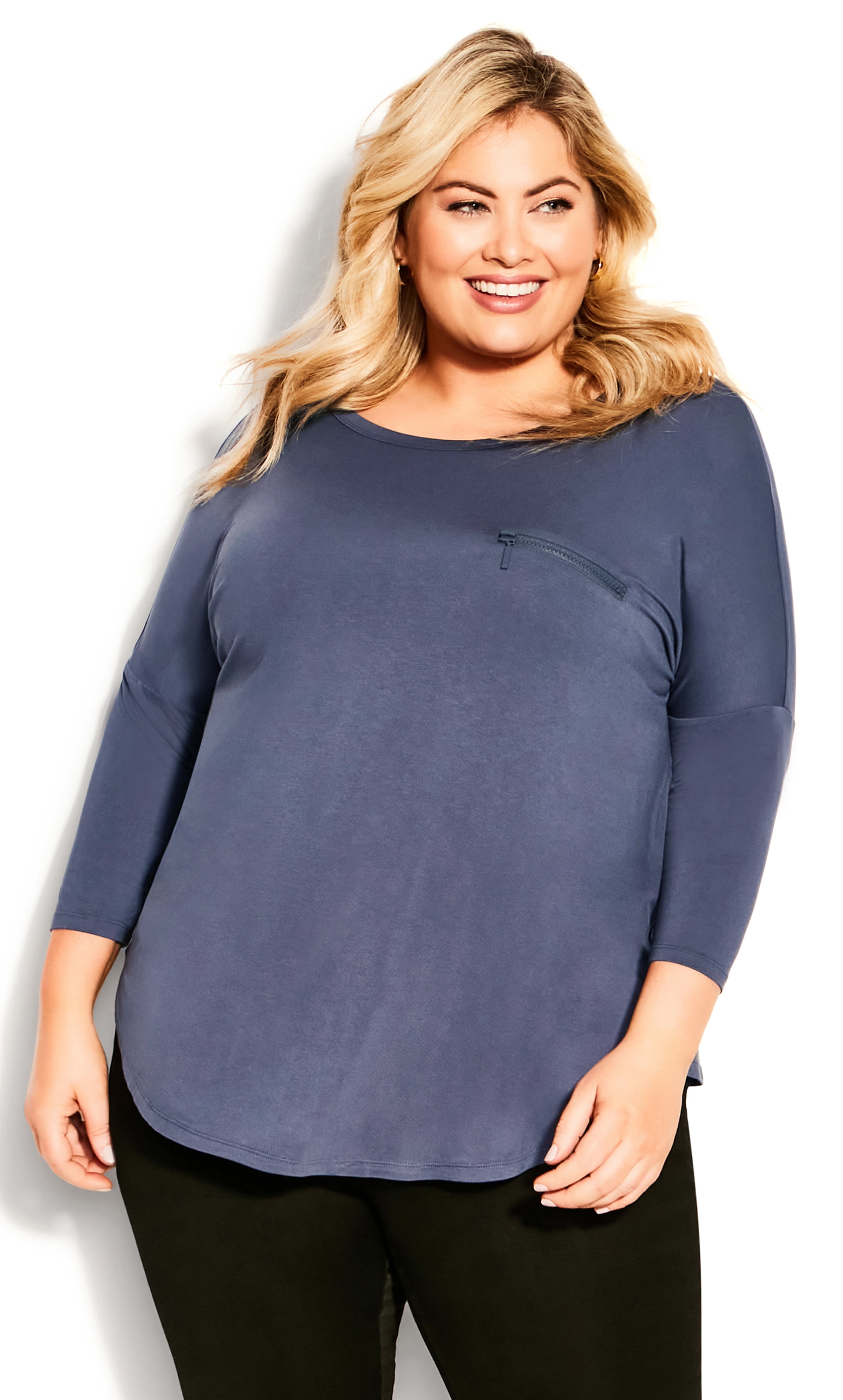 Avenue Women's Plus Size Neela Zip Plain 3/4 Sleeves Round Neckline Top ...