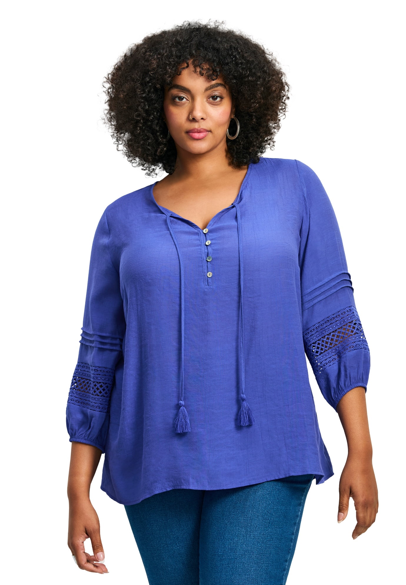 Avenue Women's Plus Size Pintuck Lace Peasant Top - Walmart.com