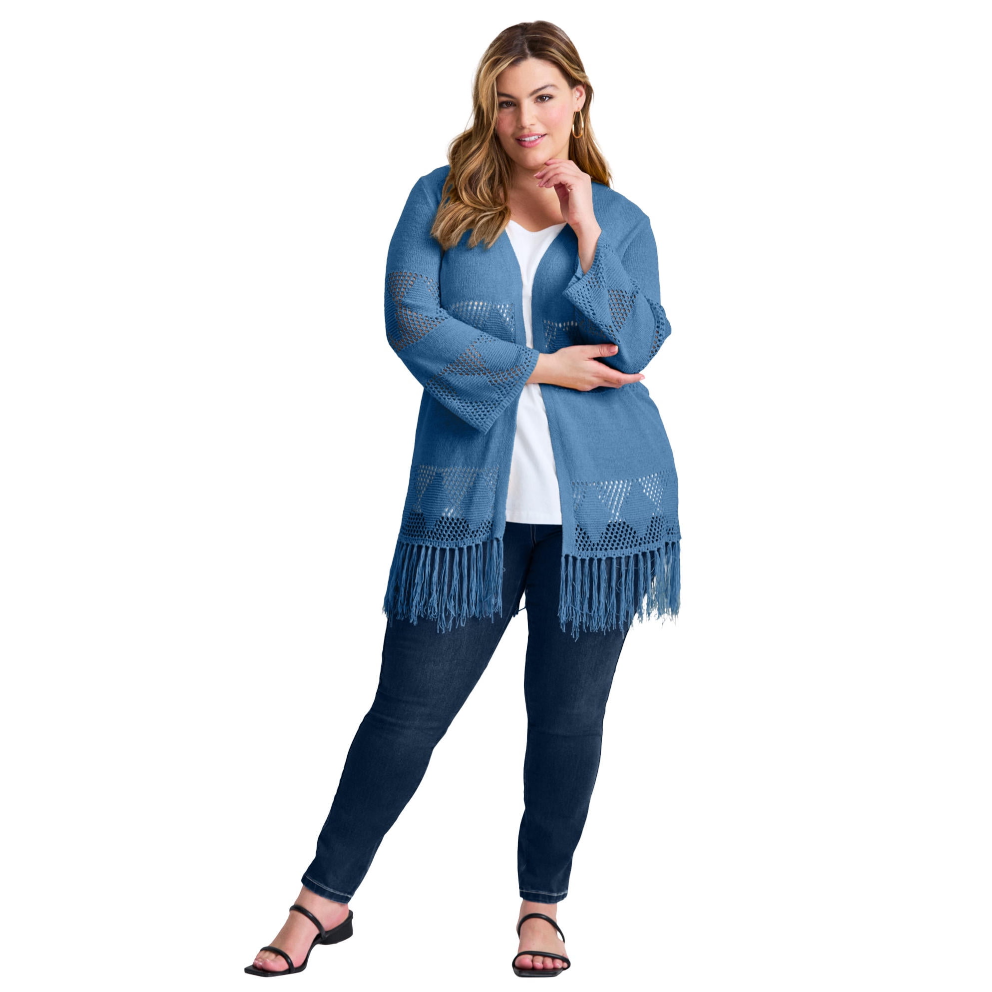 Avenue Women's Plus Size Pointelle Fringe Cardigan - Walmart.com