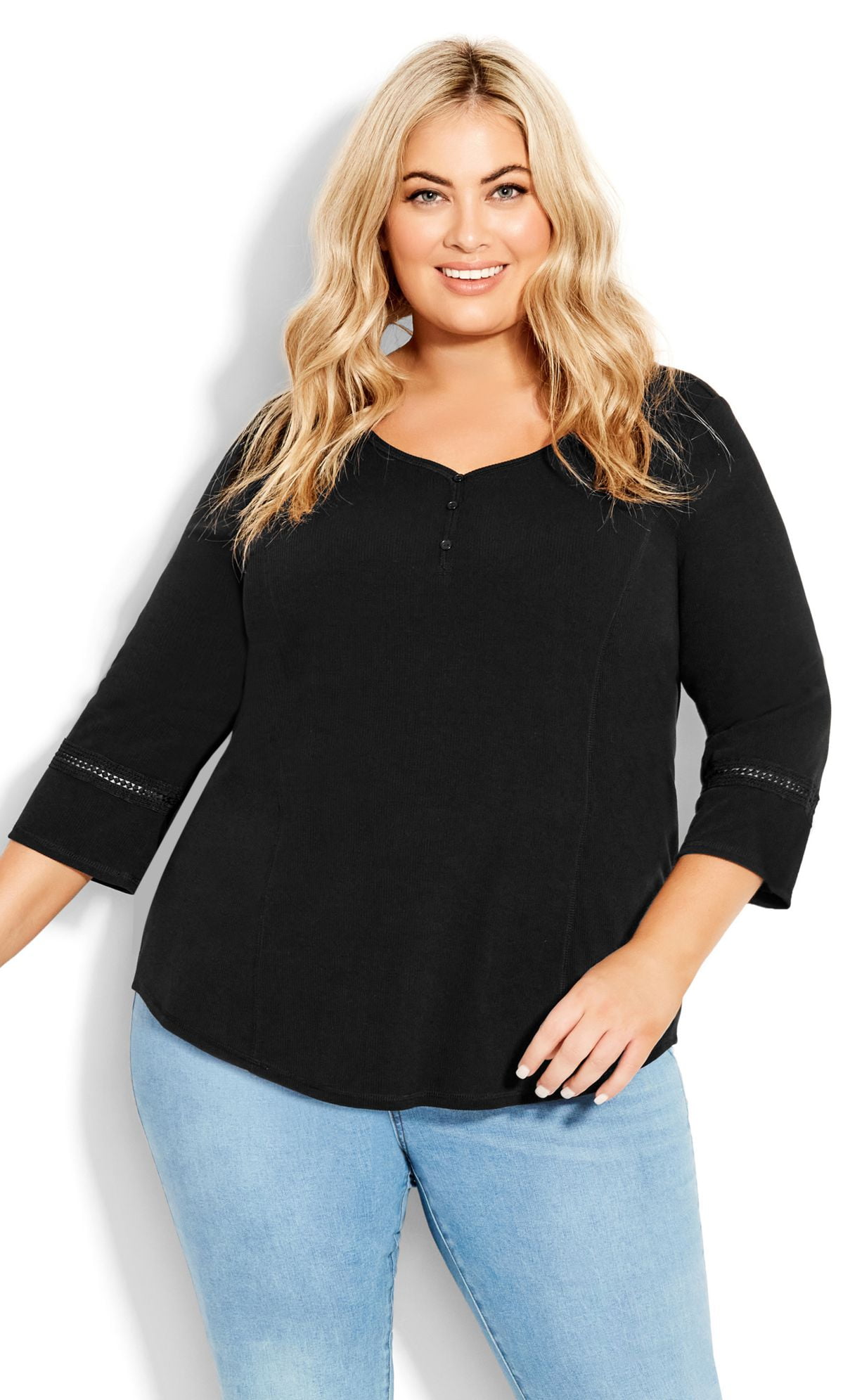 Avenue Womens Plus Size Rib Henley V Neckline 3 4 Sleeves Top