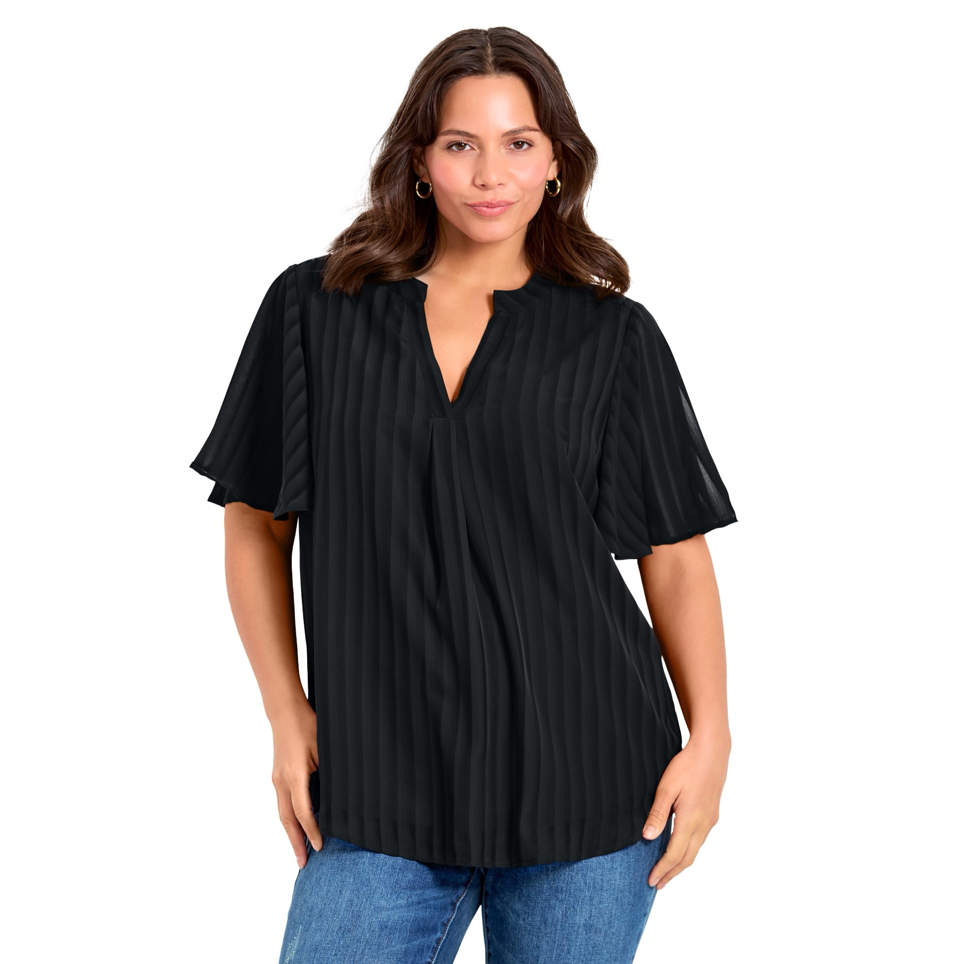 Avenue Women's Plus Size Split Neck Flutter Sleeve Blouse - Walmart.com