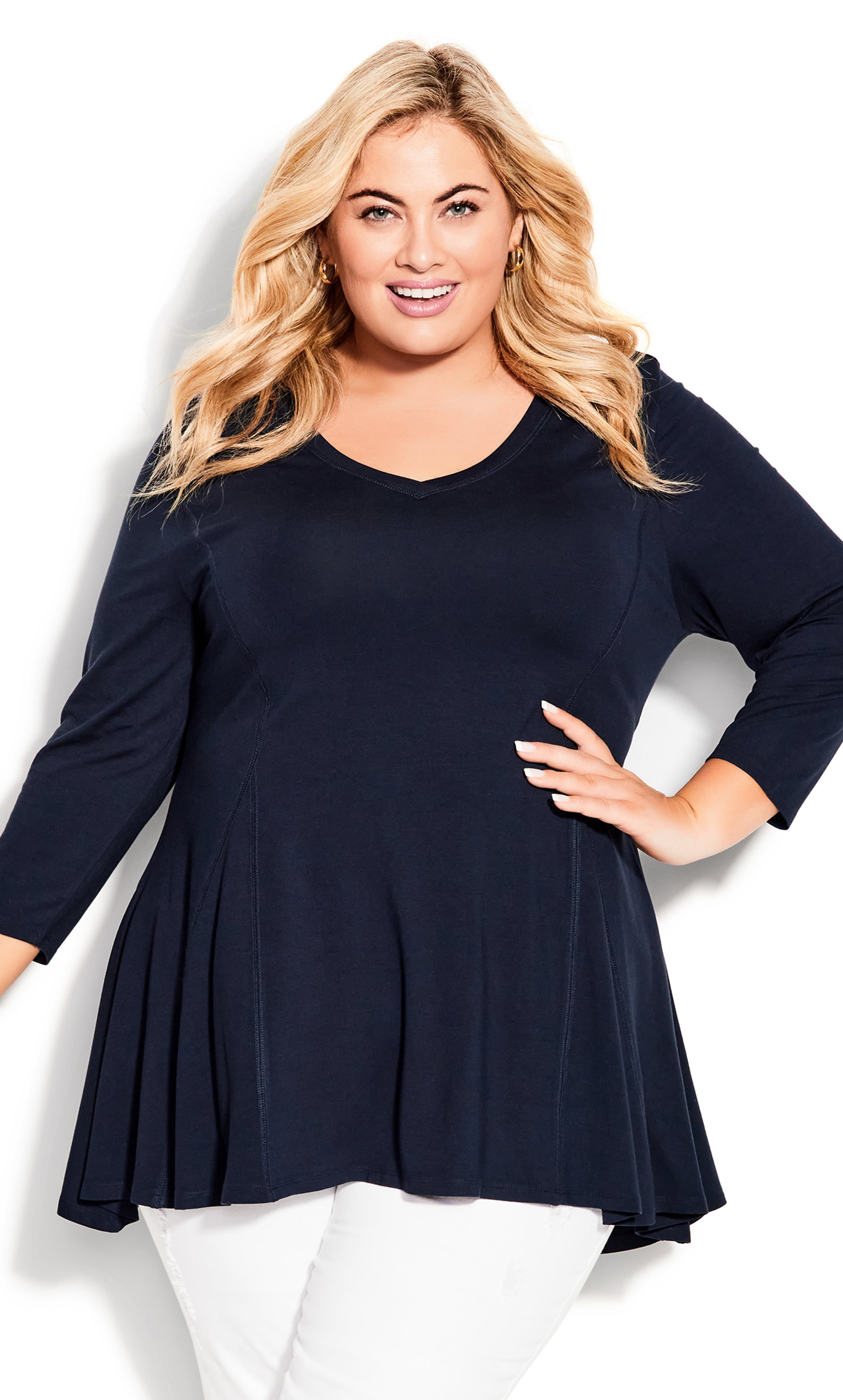 Avenue Women's Plus Size V-Neck Swing Top 3/4 Length Sleeves - Walmart.com