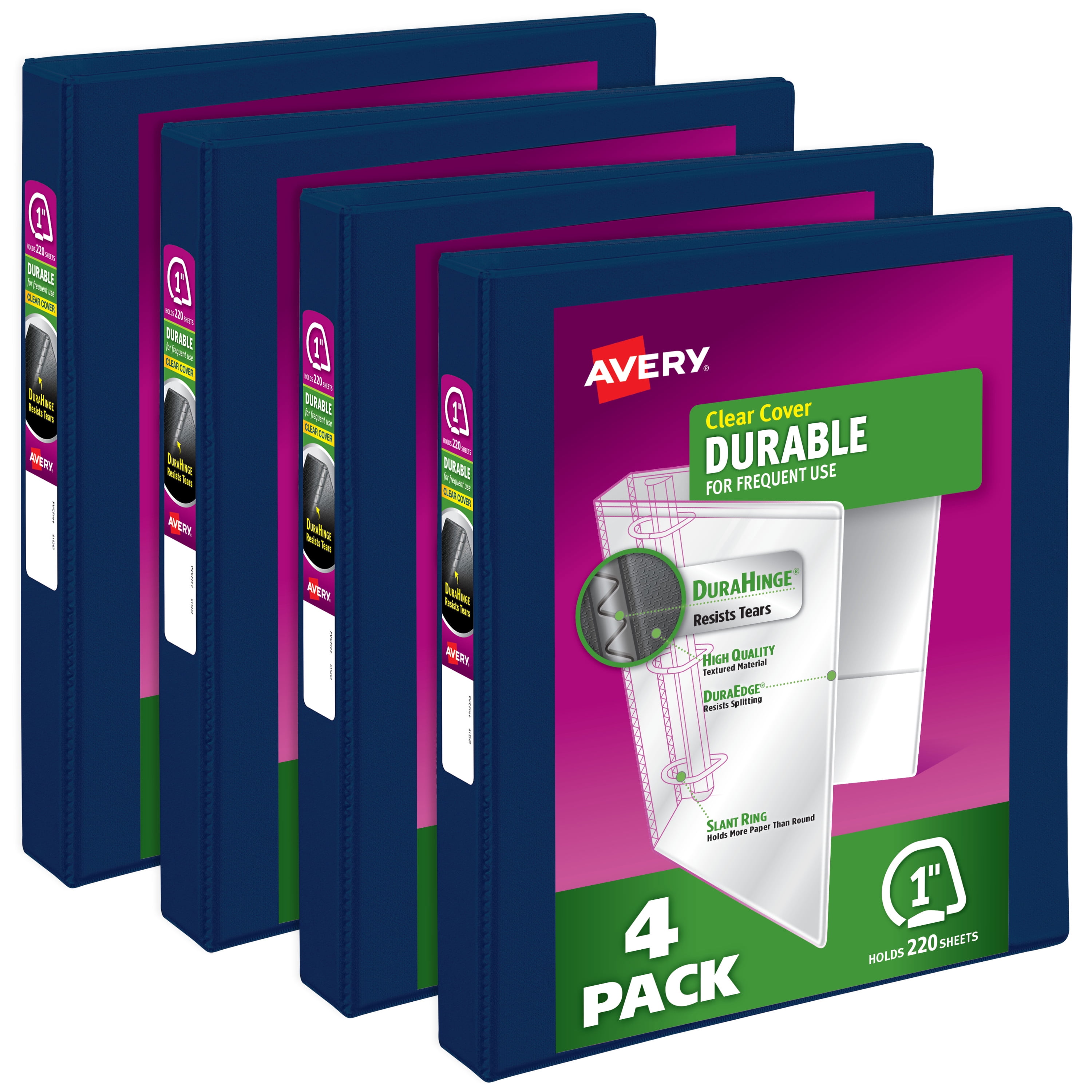 Avery 1" Durable View 3 Ring Binders, Blue, 4 Pack (17705) - Walmart.com