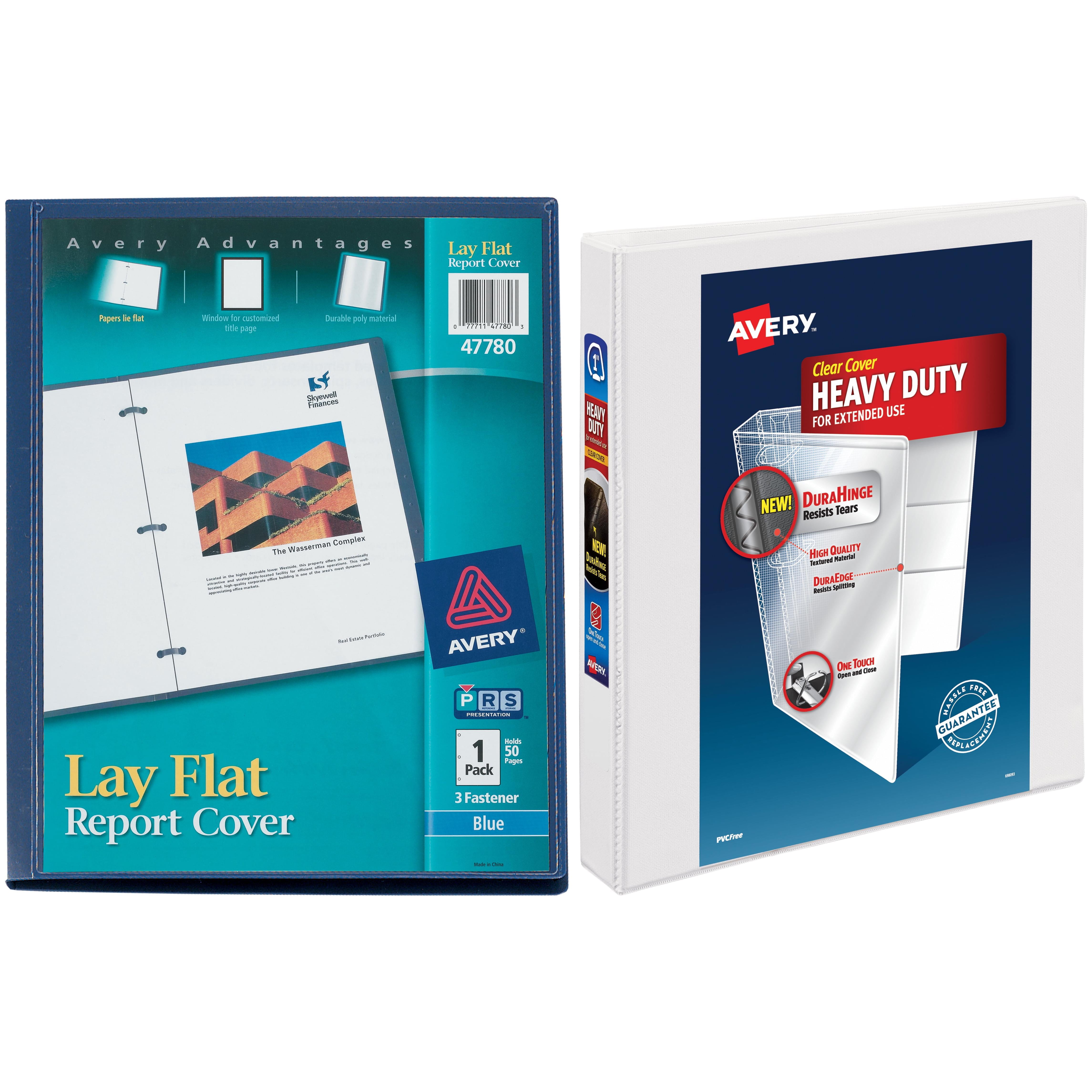 Avery 1" Heavy Duty Clear Cover Binder, White and Avery Lay Flat View ...