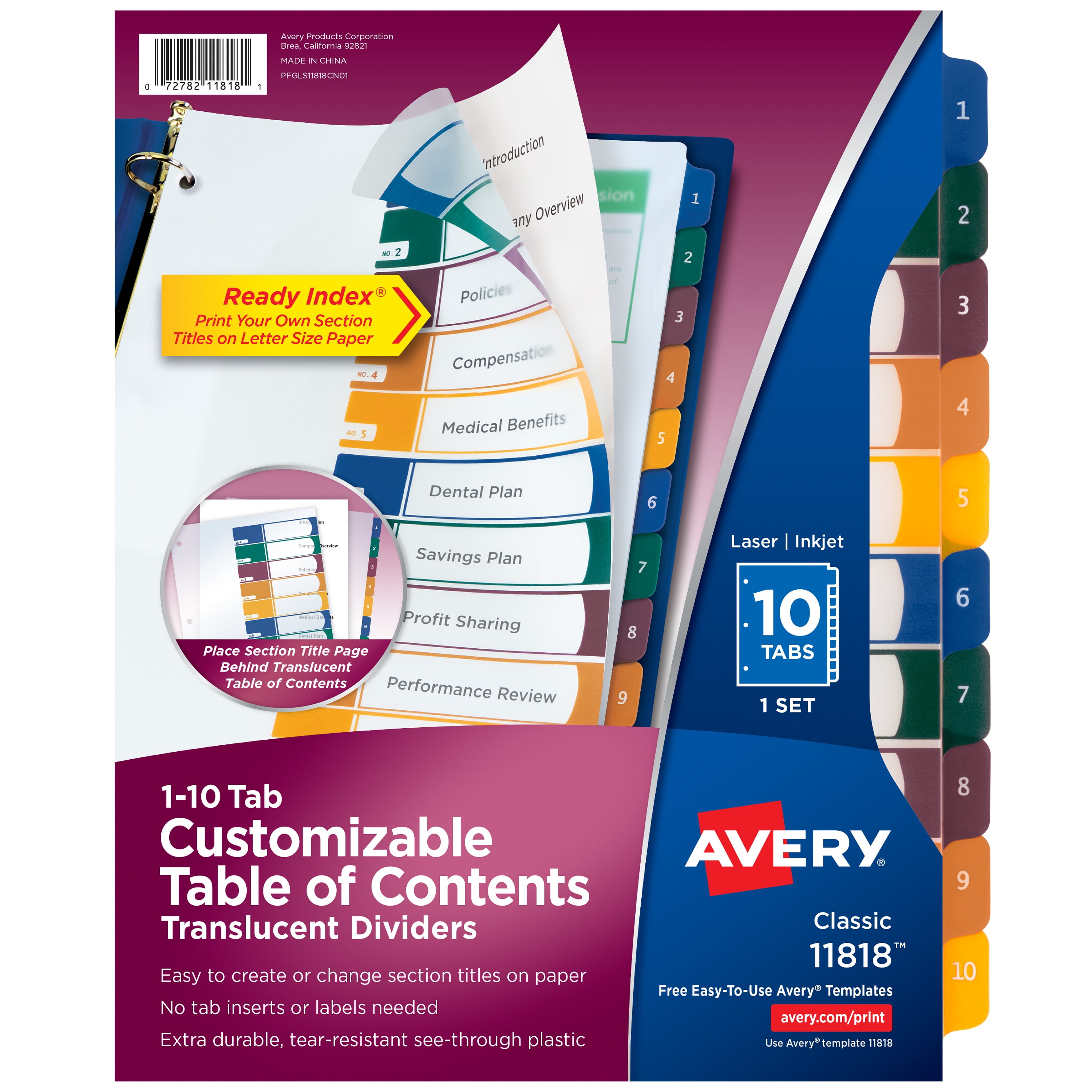 Avery 10 Tab Dividers, Customizable TOC, Multicolor, 1 Set (11818 ...