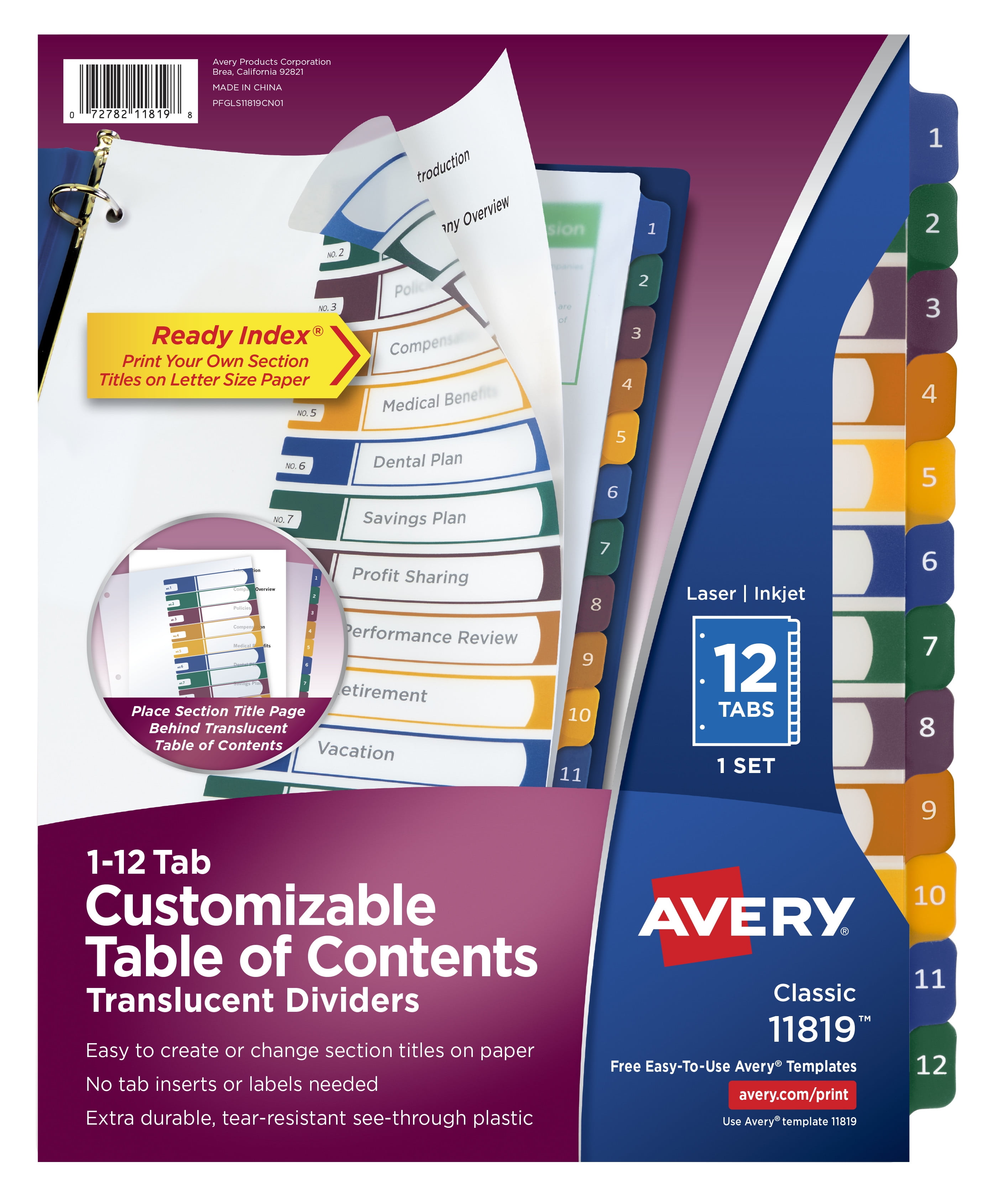 Avery 12 Tab Dividers, Customizable TOC, Multicolor, 1 Set (11819 ...