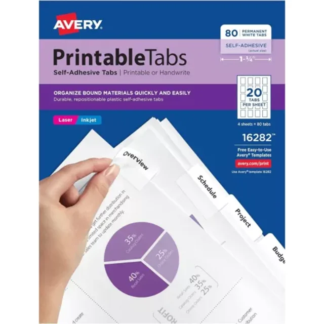 Avery 16282 Printable Tabs, White, Self-Adhesive, 1-3/4", Pack Of 80 ...