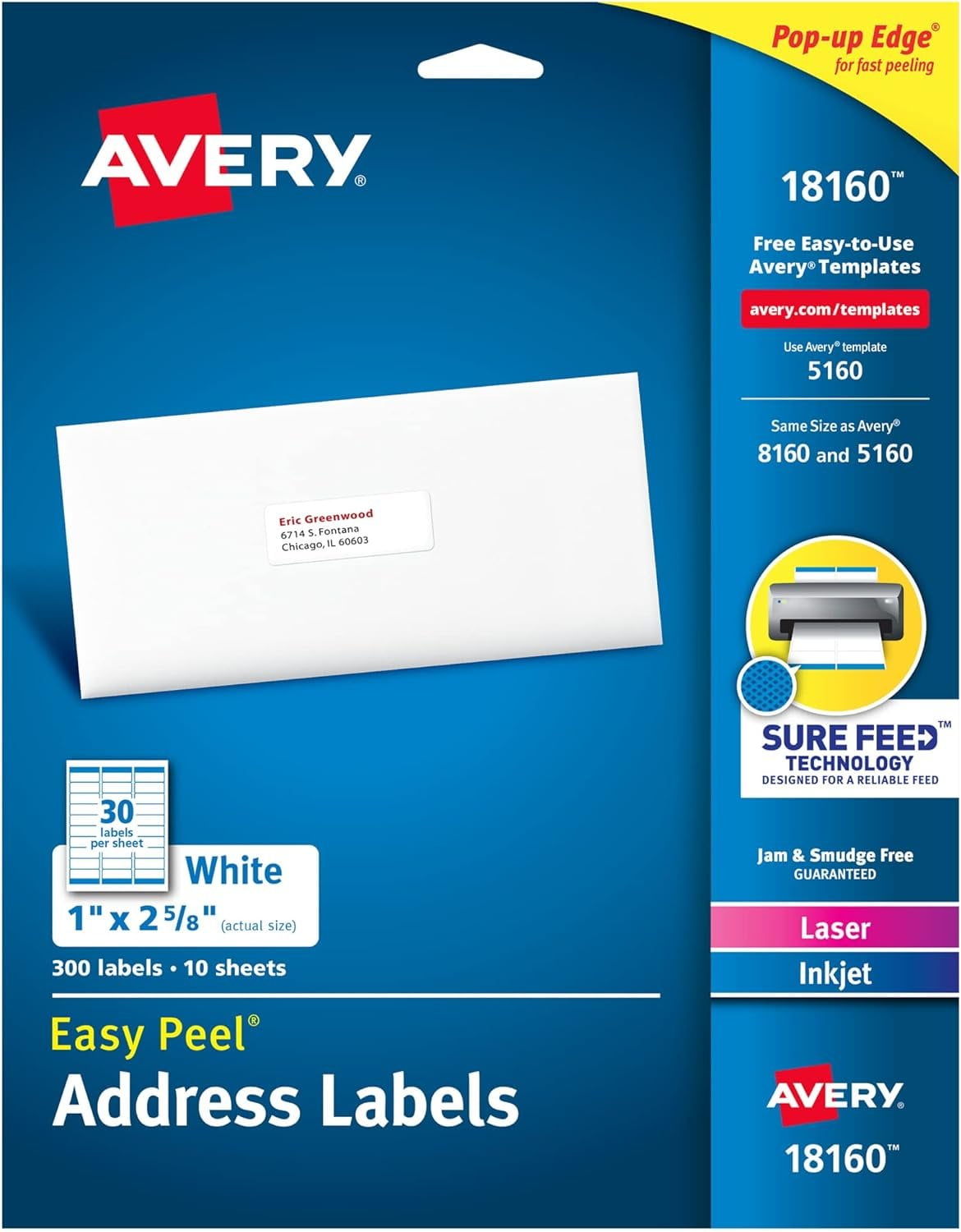 Avery 18160 Easy Peel Address Labels with Sure Feed Templates, 1 X 2-5/ ...