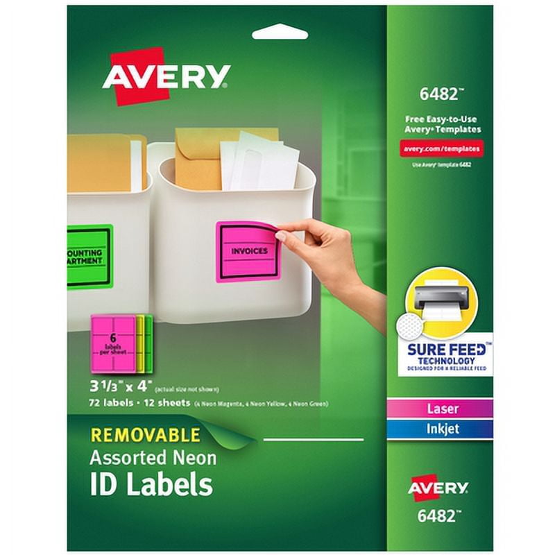 Avery-1PK High-Vis Removable Laser/Inkjet Id Labels W/ Sure Feed, 3 1/3 ...
