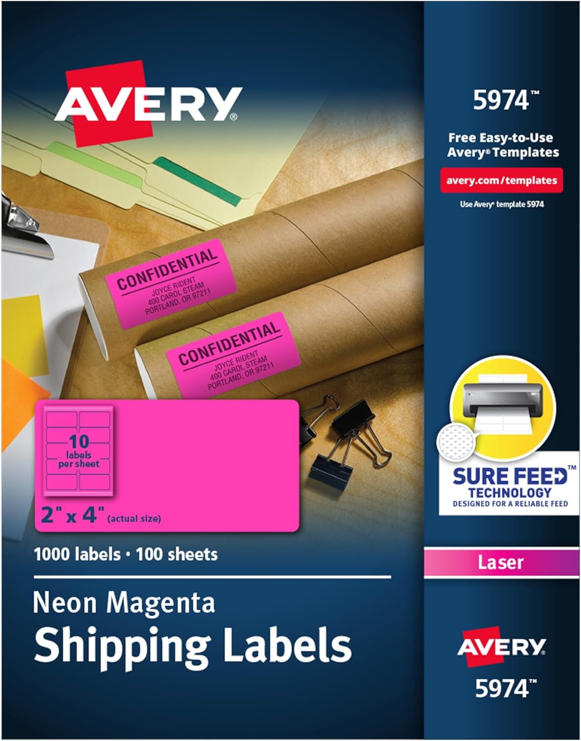 Avery 2"x 4" Neon Shipping Labels with Sure Feed for Laser Printers ...