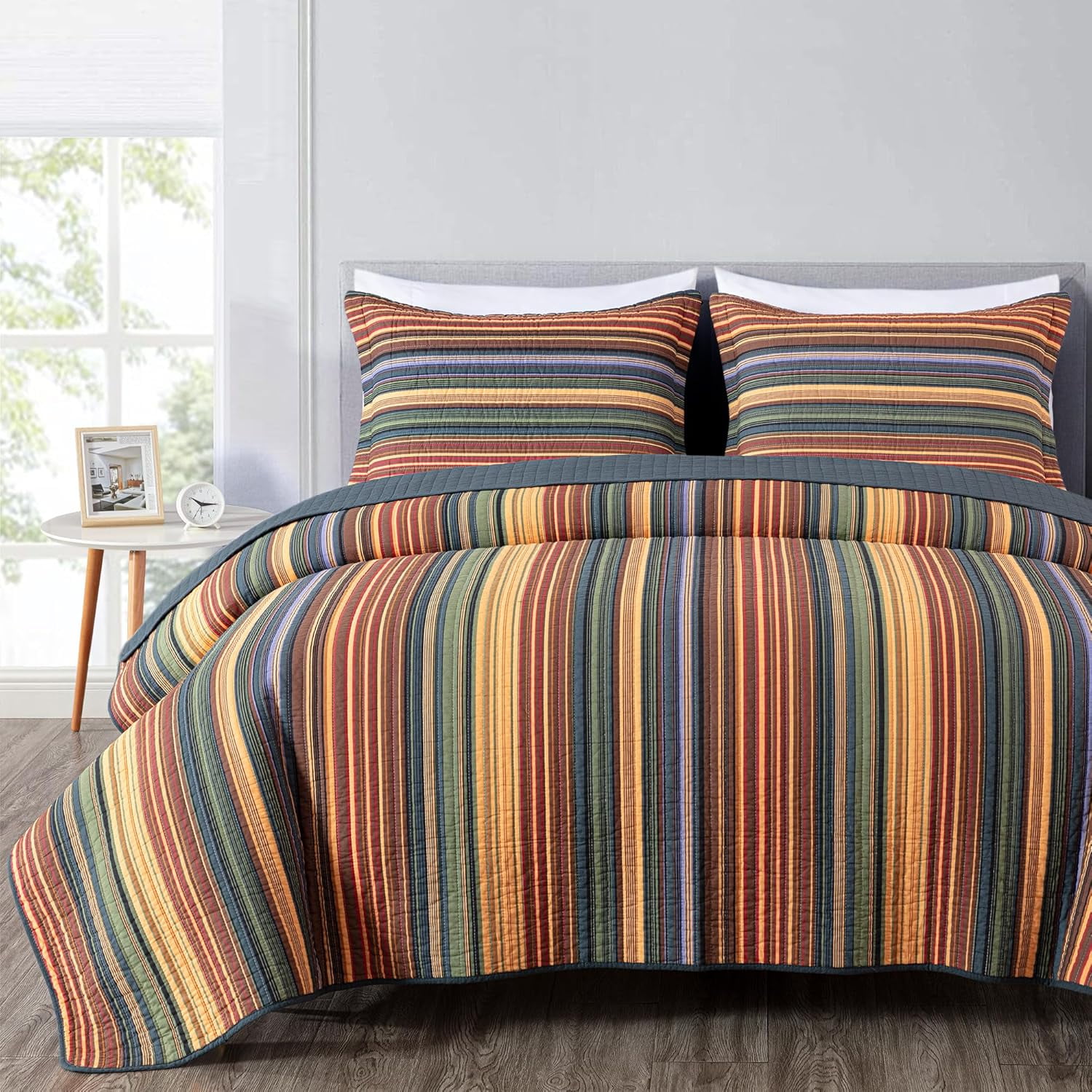 Avery 3-Piece Multi-Color Striped Washed Cotton Quilt Set Queen Size ...
