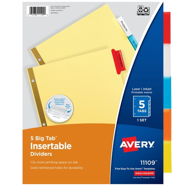 Avery Big Tabs, 5-Tab Dividers, Multicolor, Insertable, Double-Sided ...