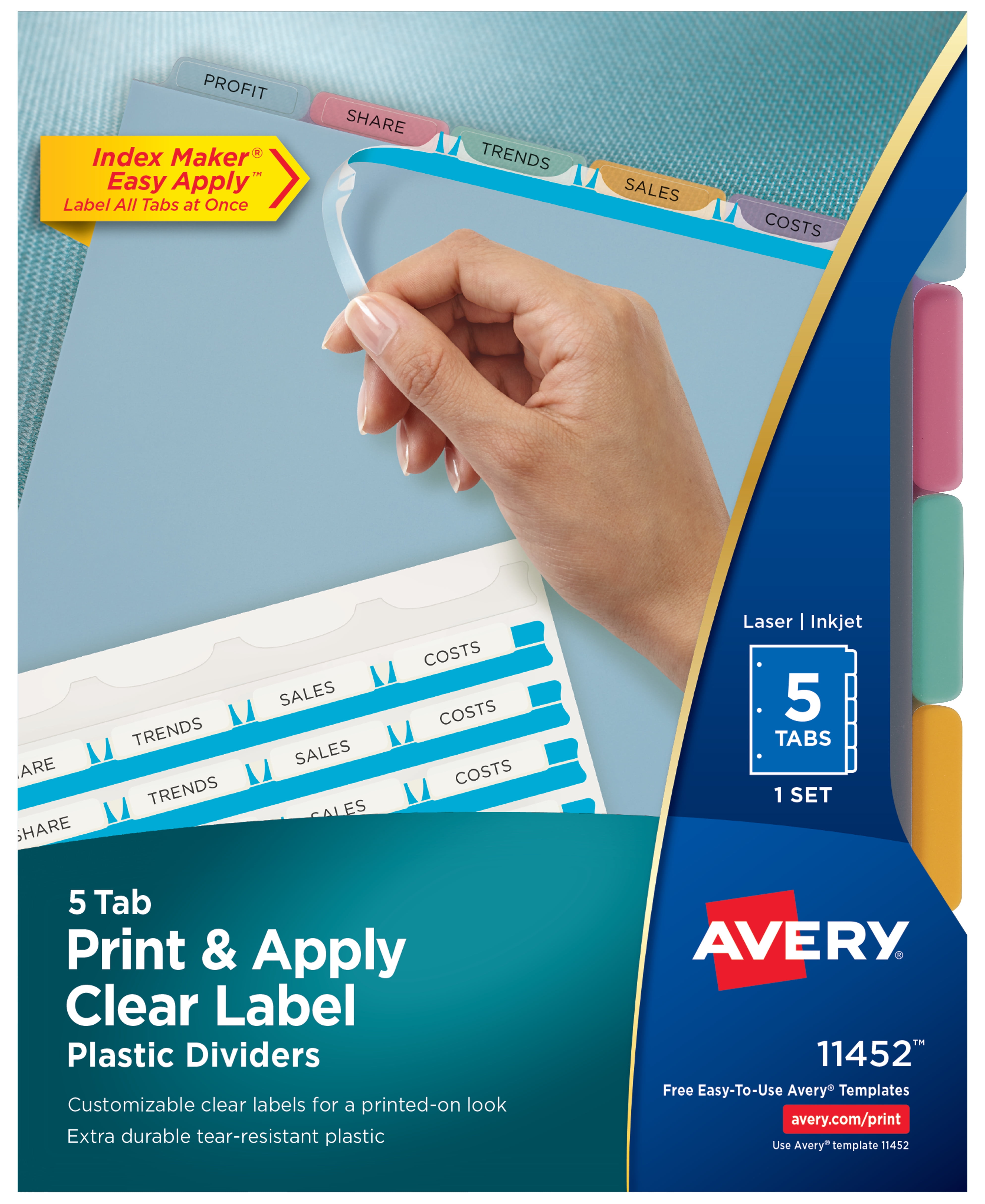 Avery 5-Tab Multicolor Plastic Dividers, Easy Print & Apply Clear Label ...