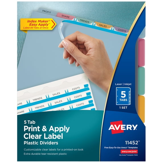 Avery 5-Tab Multicolor Plastic Dividers, Easy Print & Apply Clear Label ...