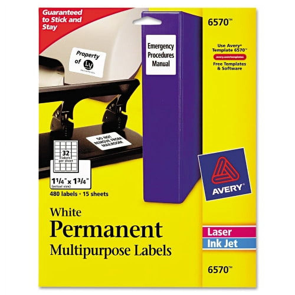 Avery 6570 Permanent Labels w/ Sure Feed, 1 1/4 x 1 3/4, White, 480 ...