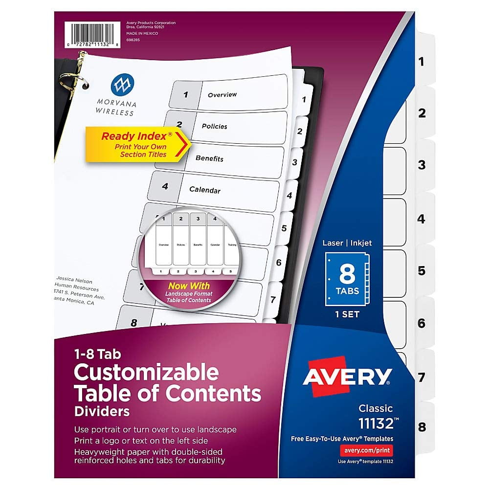 Avery 8 Tab Dividers for 3 Ring Binders, Customizable Table of Contents ...