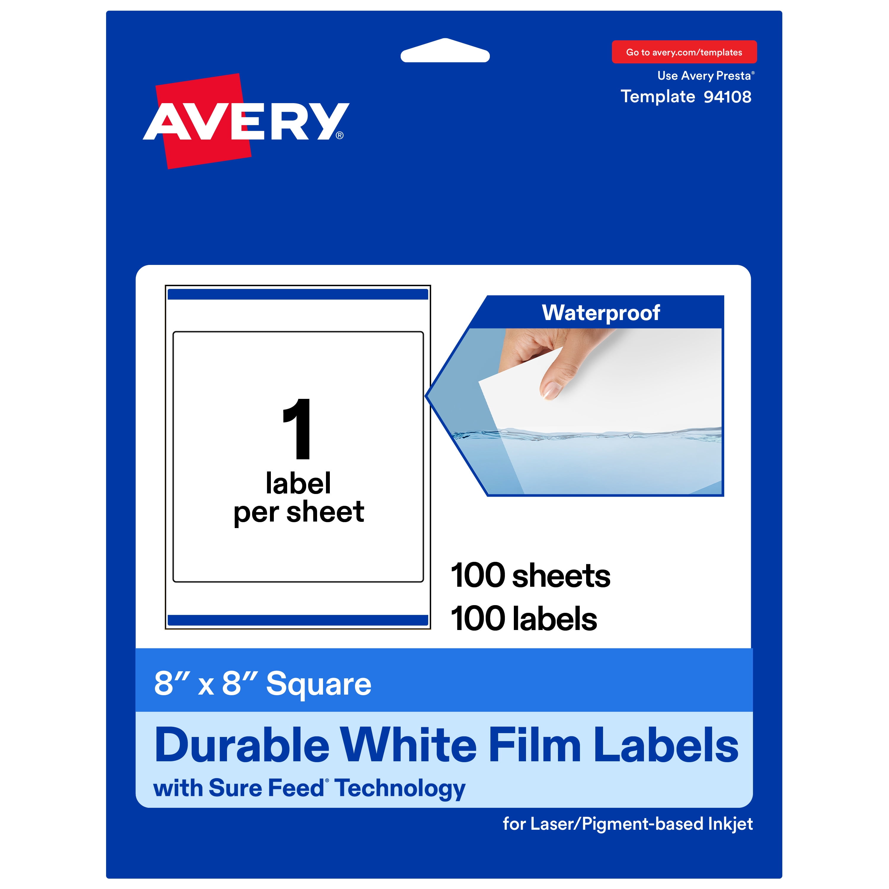 Avery 8" x 8" Waterproof Square Labels, 100 Labels - Walmart.com