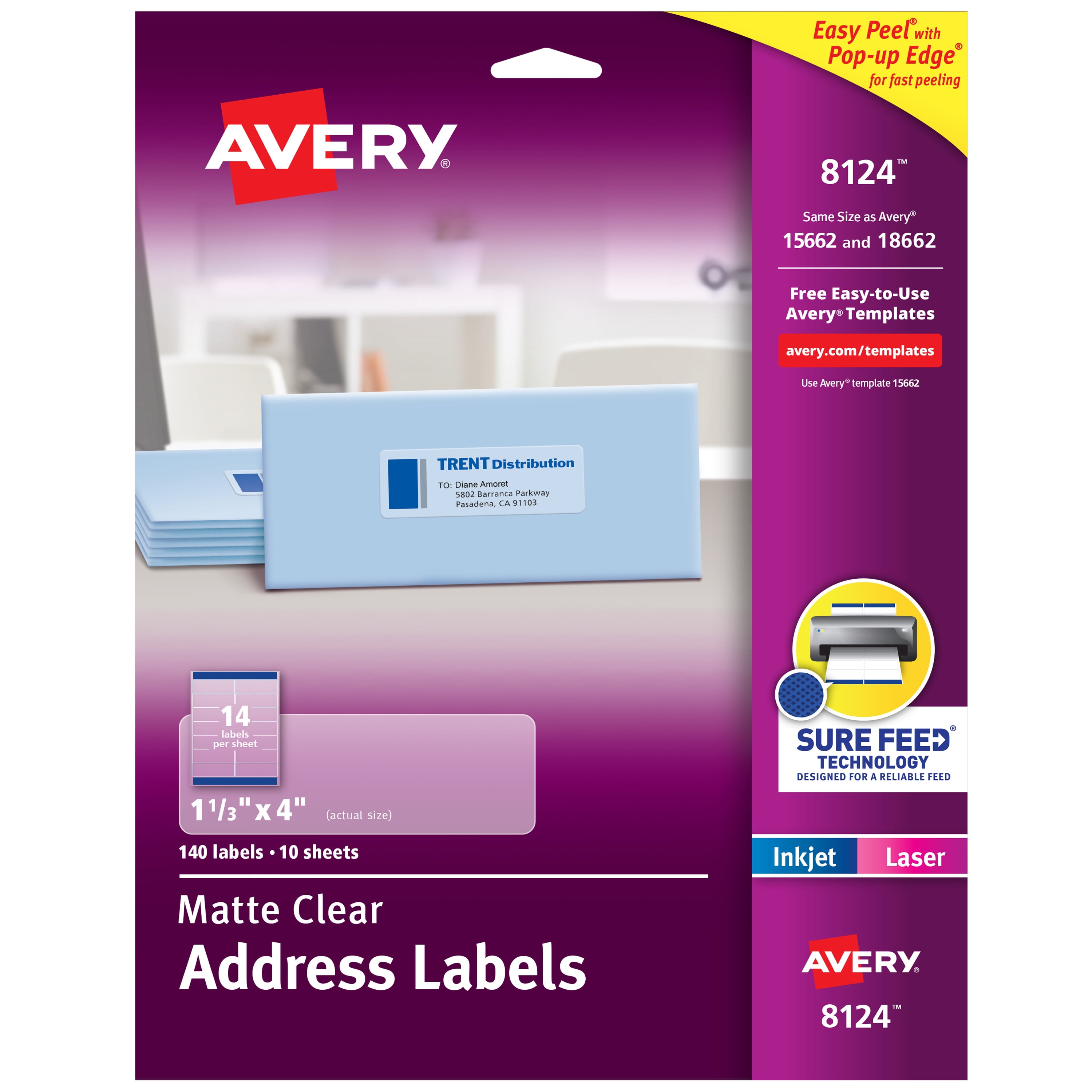 Avery® Address Labels, 1-1/3" x 4", Matte Clear, 140 Labels (8124 ...