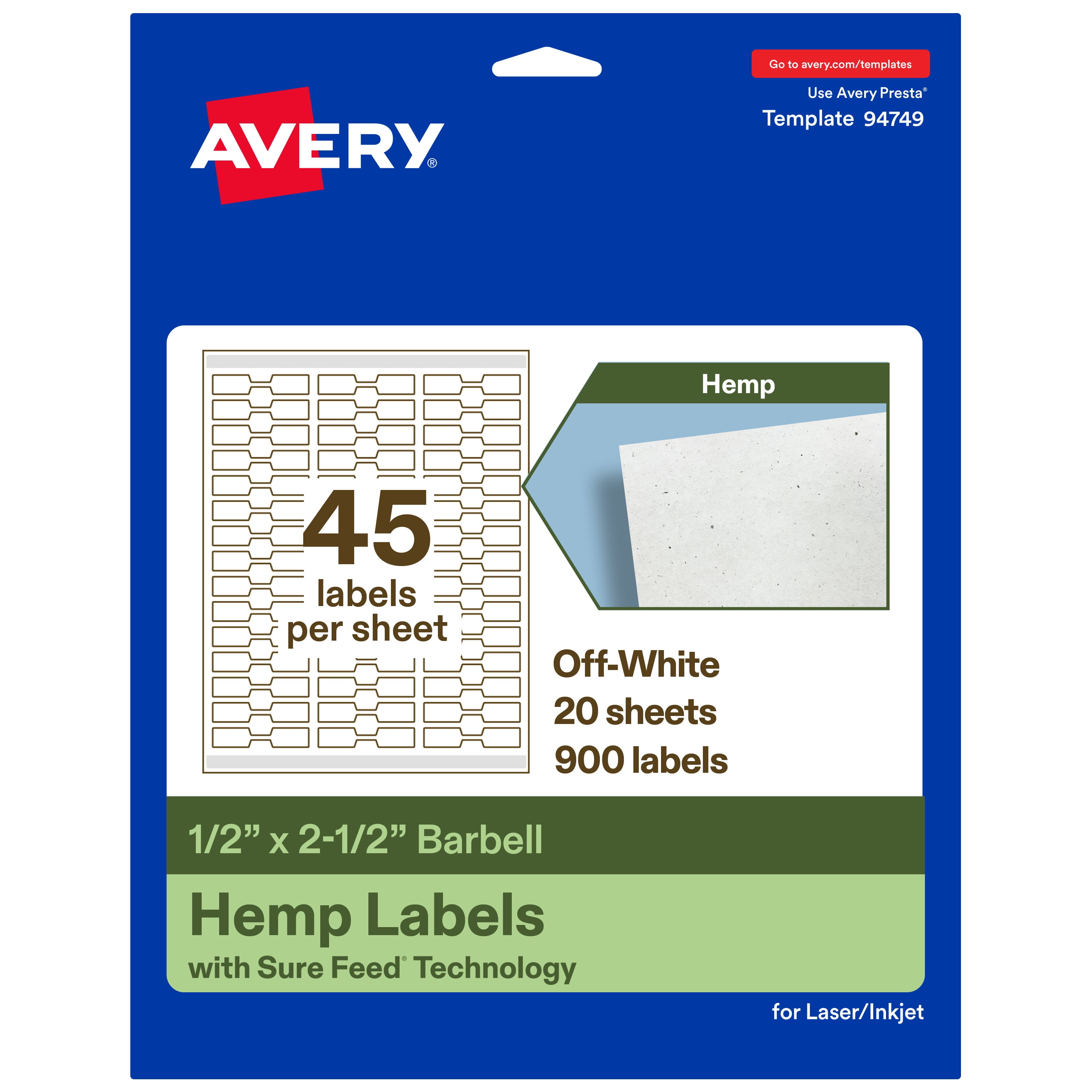 Avery Barbell Hemp Labels, 1/2" x 2-1/2", Off-White, 900 Total ...