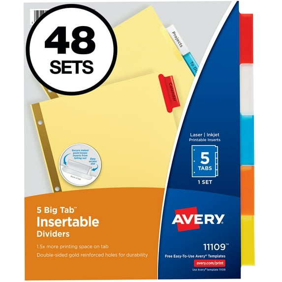 Avery 5-Tab Binder Dividers, Big Tab Insertable, Buff Paper, Multicolor ...