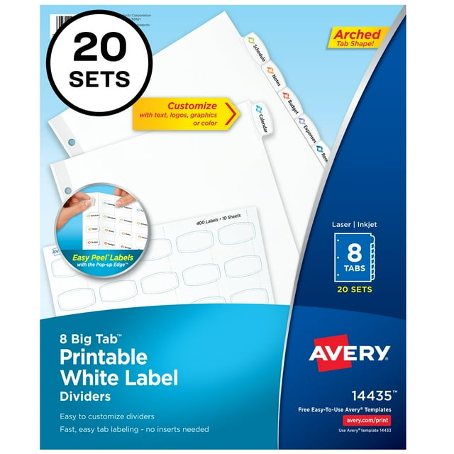 Avery Big Tab Printable Label Dividers, Easy Peel, 8 Tabs, 20 Sets ...