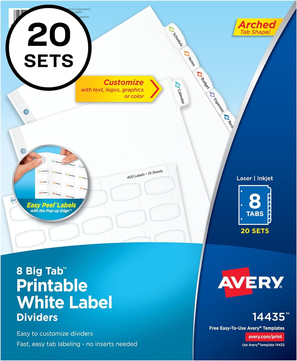 Avery Big Tab Printable White Label Dividers with Easy Peel, 8 Tabs, 20 Sets (14435) - Walmart.com