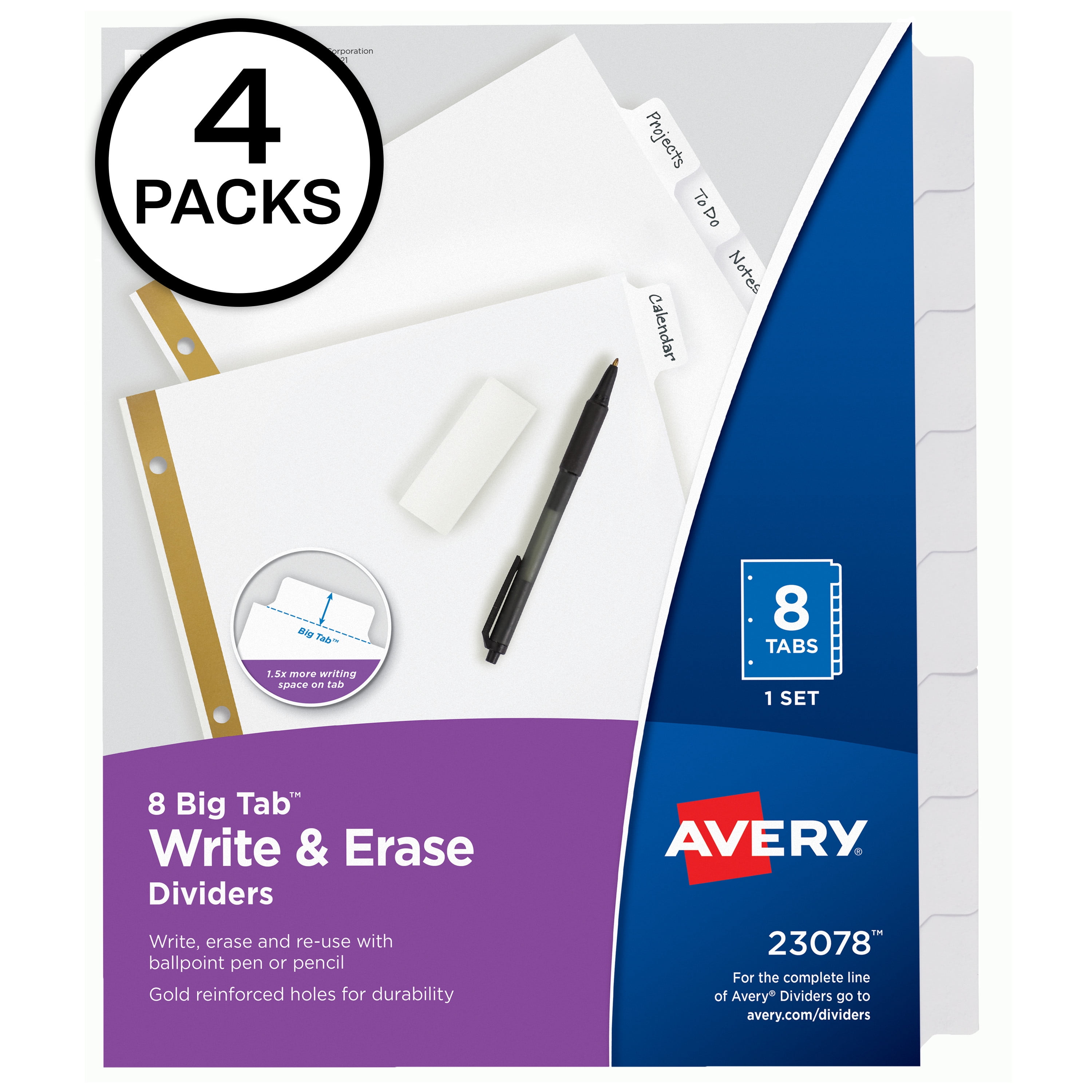 Avery Big Tab Write and Erase Dividers, 8 White Tabs, Reinforced Holes ...