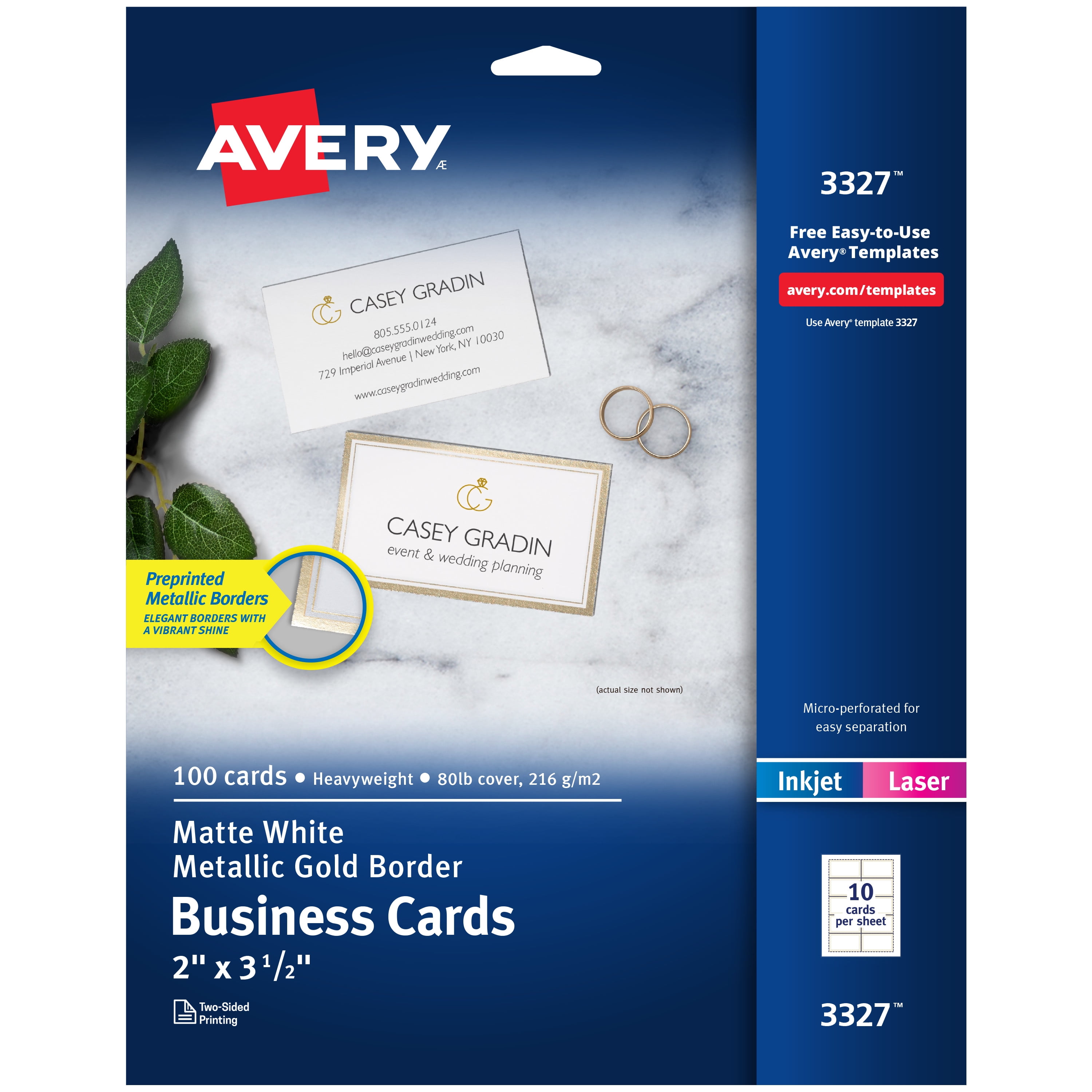 Avery Business Cards with Gold Borders, 2" x 3.5", 100ct (3327 ...