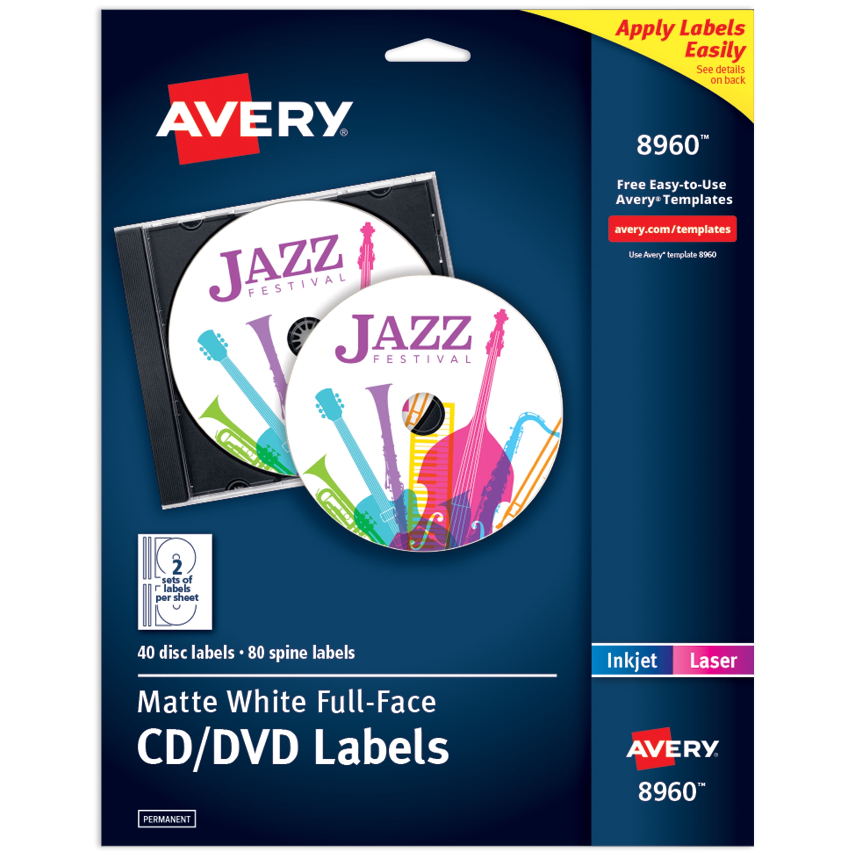 Avery Easy to Peel, Printable CD/DVD Labels, 40 Disc Labels & 80 Spine ...