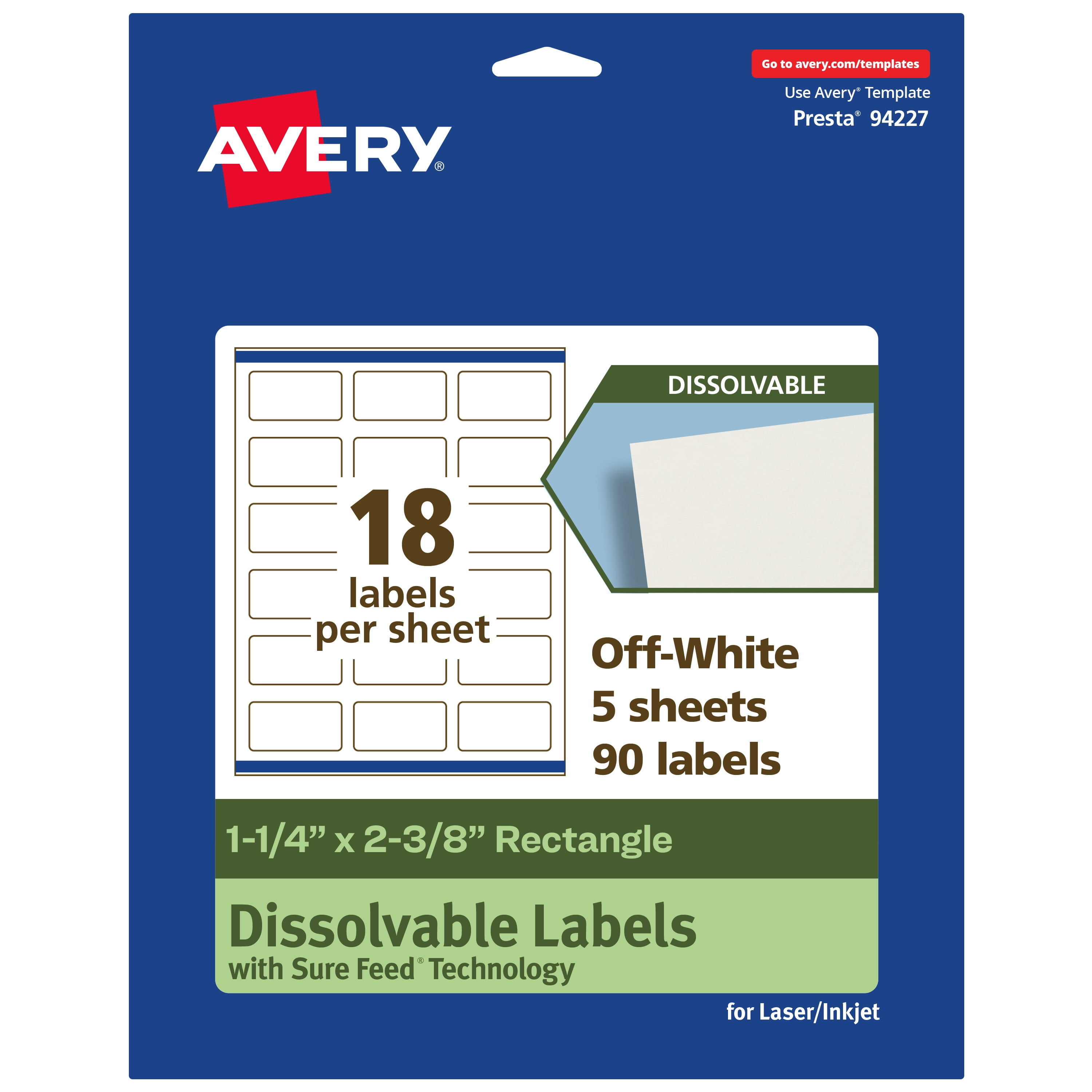 Avery Dissolvable Rectangle Labels, 1-1/4" x 2-3/8", 90 Labels ...
