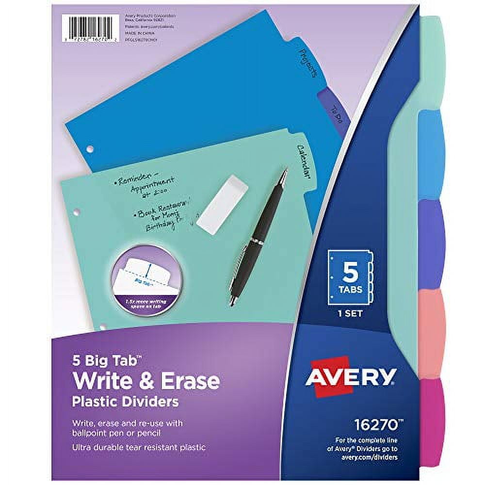 Avery Durable 5-Tab Write & Erase Dividers, Tear-Resistant, Pastel ...