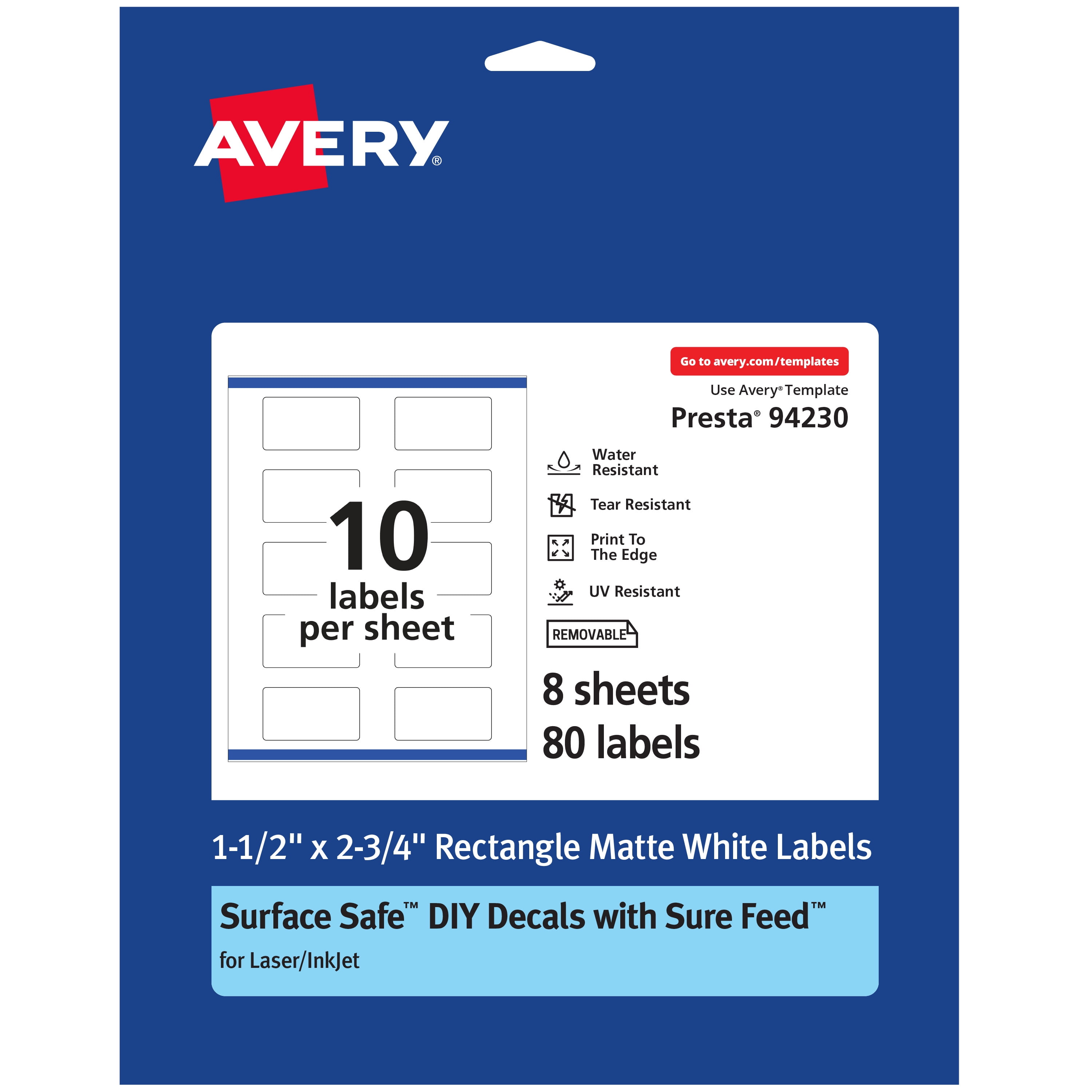 Avery Durable Removable Rectangle Labels, 1.5" x 2.75", 80 Labels ...