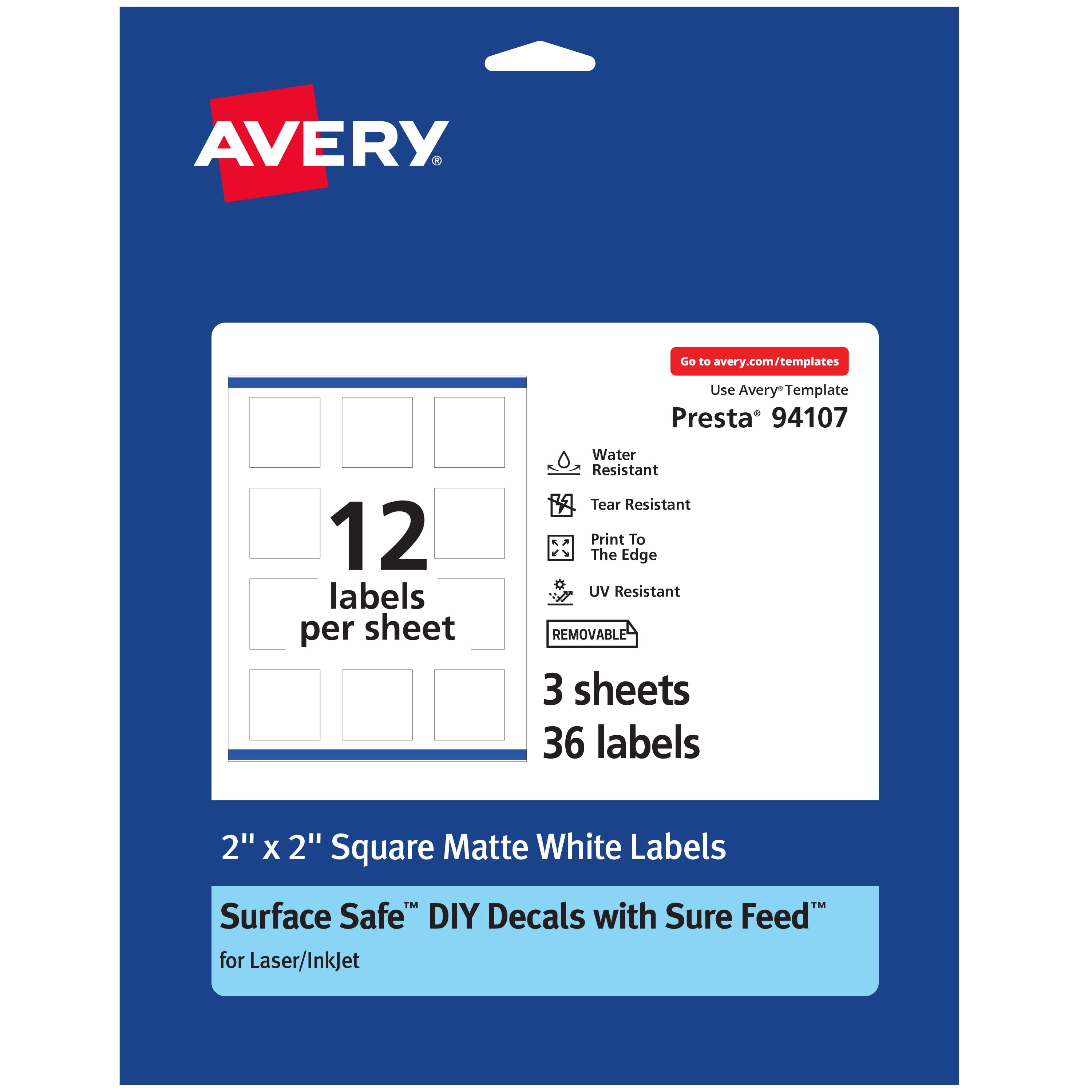 Avery Durable Removable Square Labels, 2" x 2", 36 Labels - Walmart.com