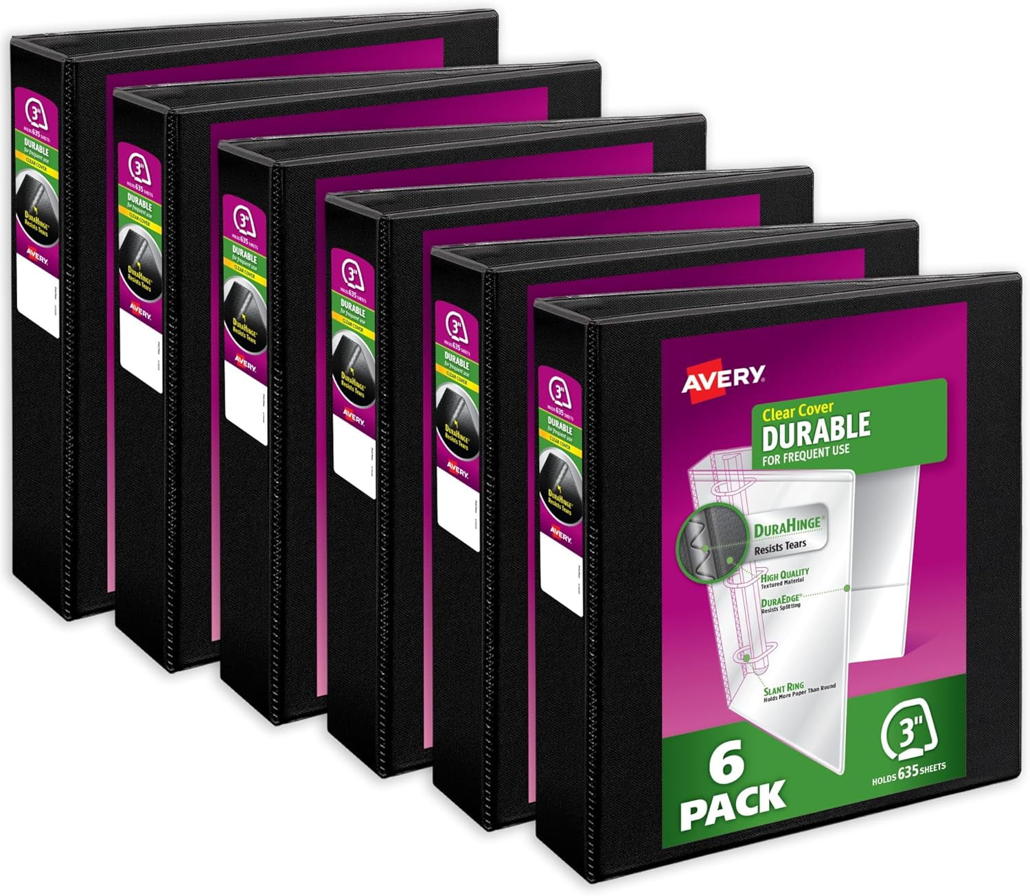 Avery Durable View 3 Ring Binder, 3 Inch Slant Rings, 6 Black Binders ...