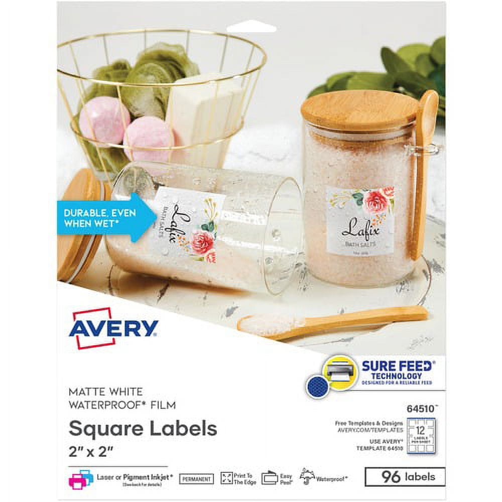Avery® Durable Waterproof Labels, 2" x 2" Square, 96 Total - 2" Width x ...