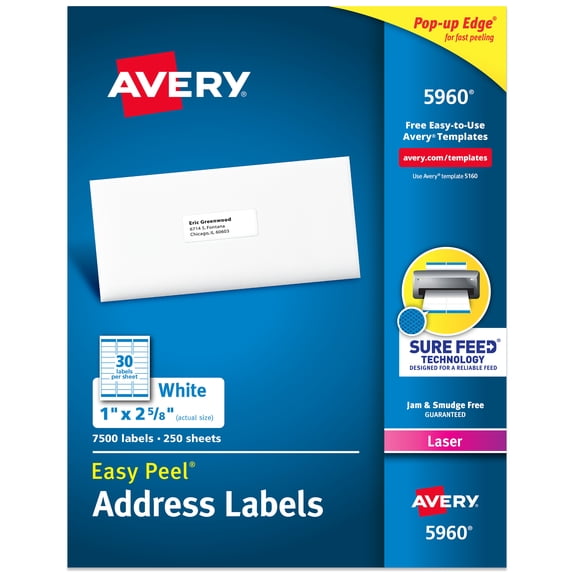 Avery, Address Labels, 1" x 2-5/8", Sure Feed, Laser, 7500 Labels ...