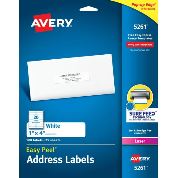 Avery Easy Peel Address Labels, 1" x 4", 500 White Labels (5261 ...