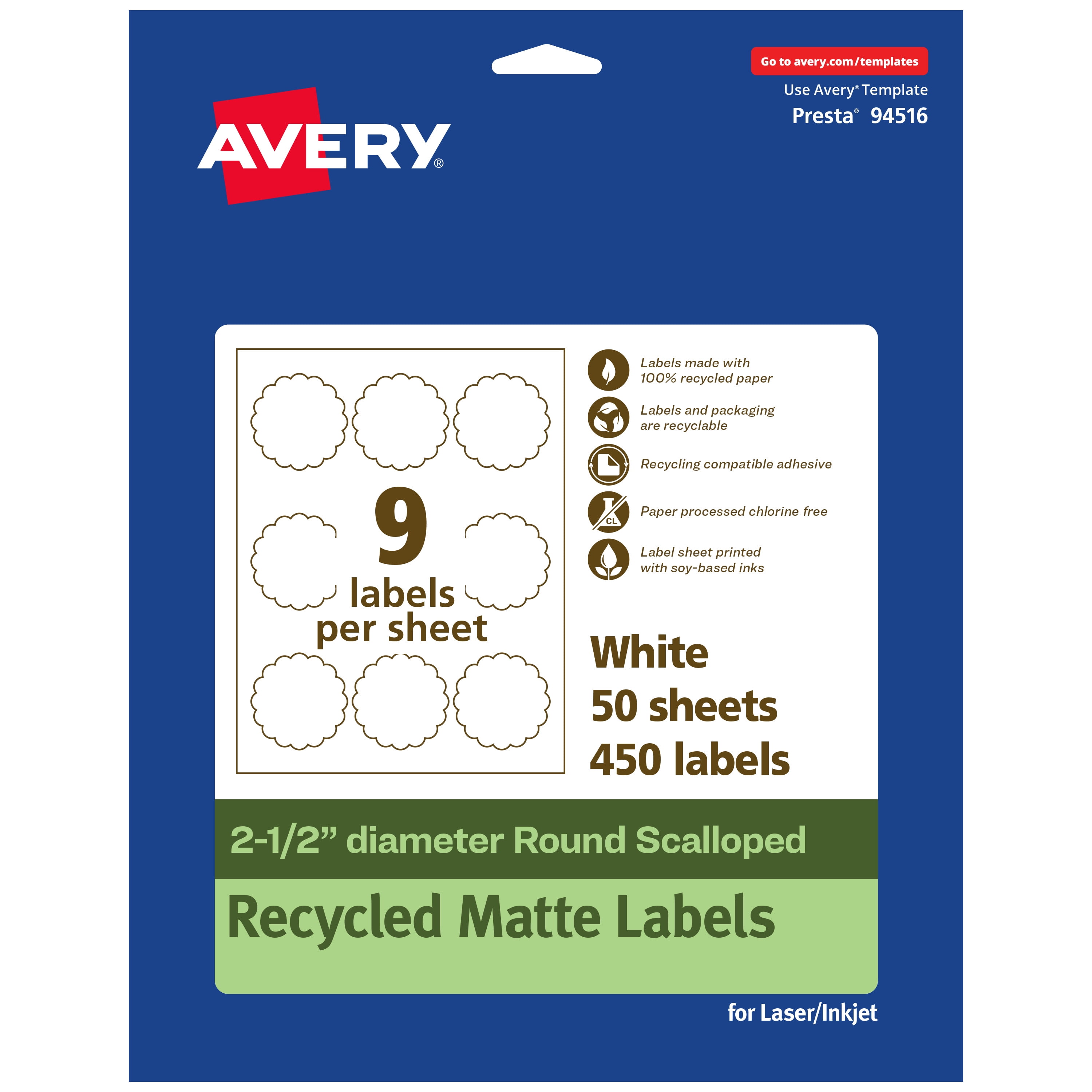 Avery EcoFriendly Round Scalloped Labels, 2-1/2" Diameter, 450ct ...